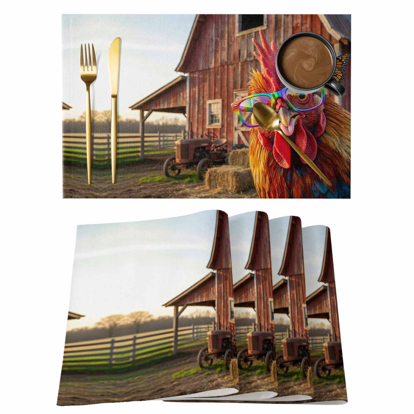 Chicken Butterfly Cotton Linen Placemats Set of 4, Funny Farm ...