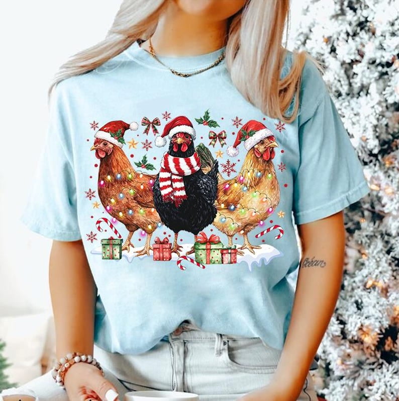 Chicken Christmas Coquette T-Shirt – Cute Farm Holiday Tee with Bow ...
