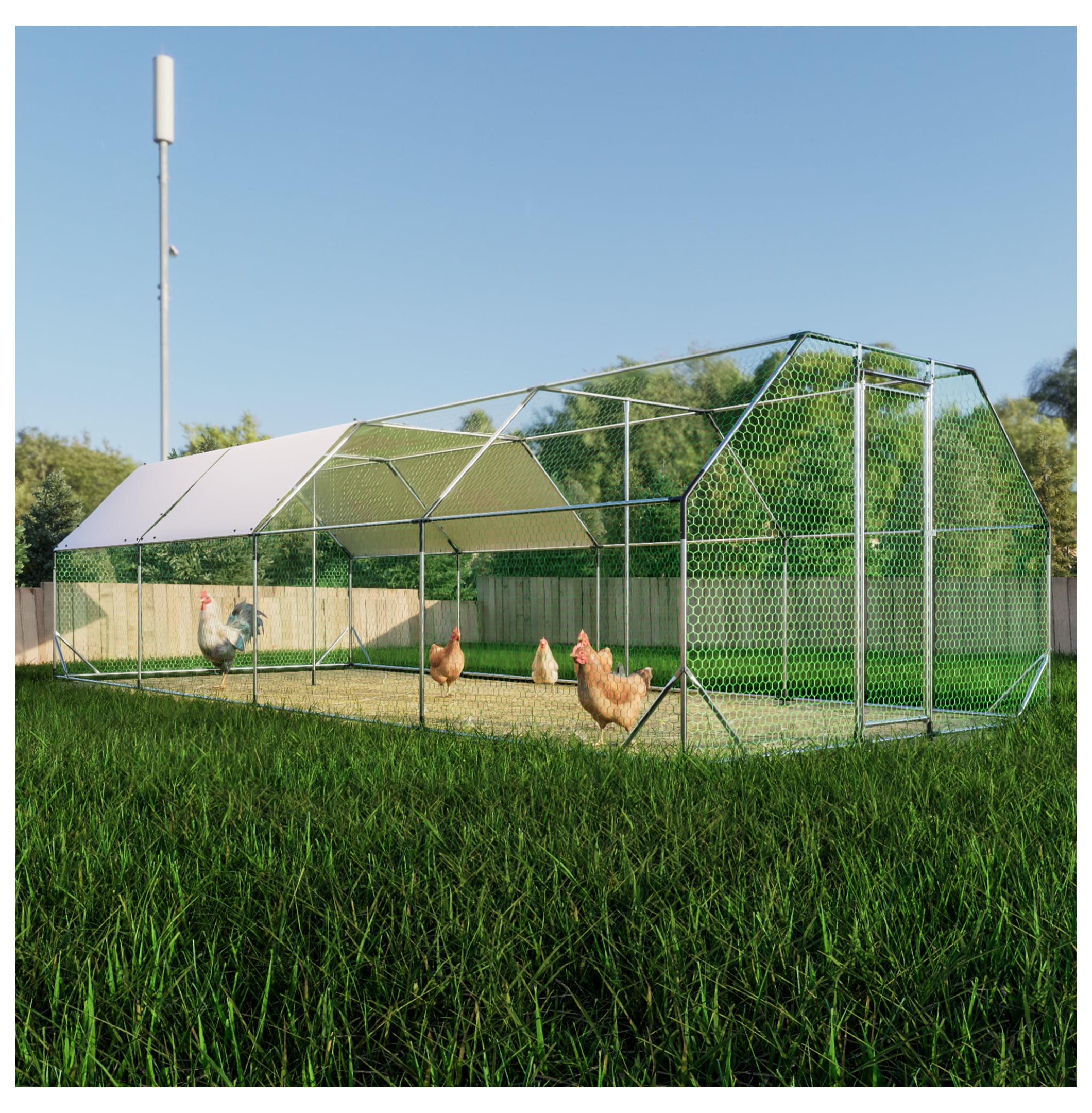 Chicken Coop, 9.94x25.68 ft Galvanized Metal Walk-In Poultry Cage ...