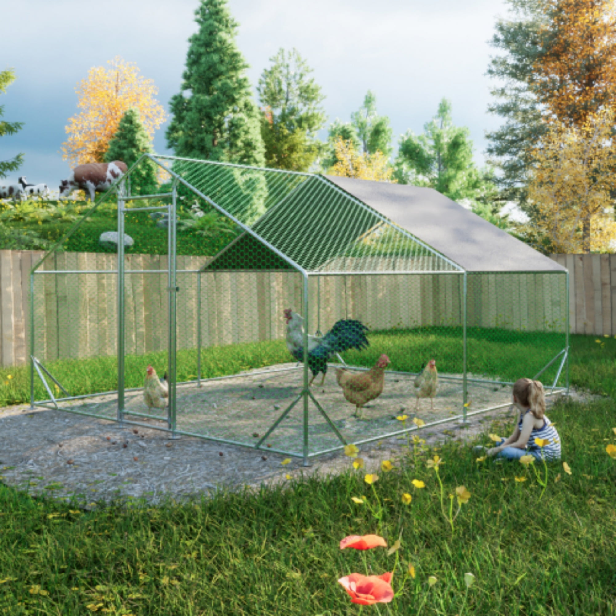 Chicken Coop, Large Metal Chicken Run Walk-in Poultry Cage with ...