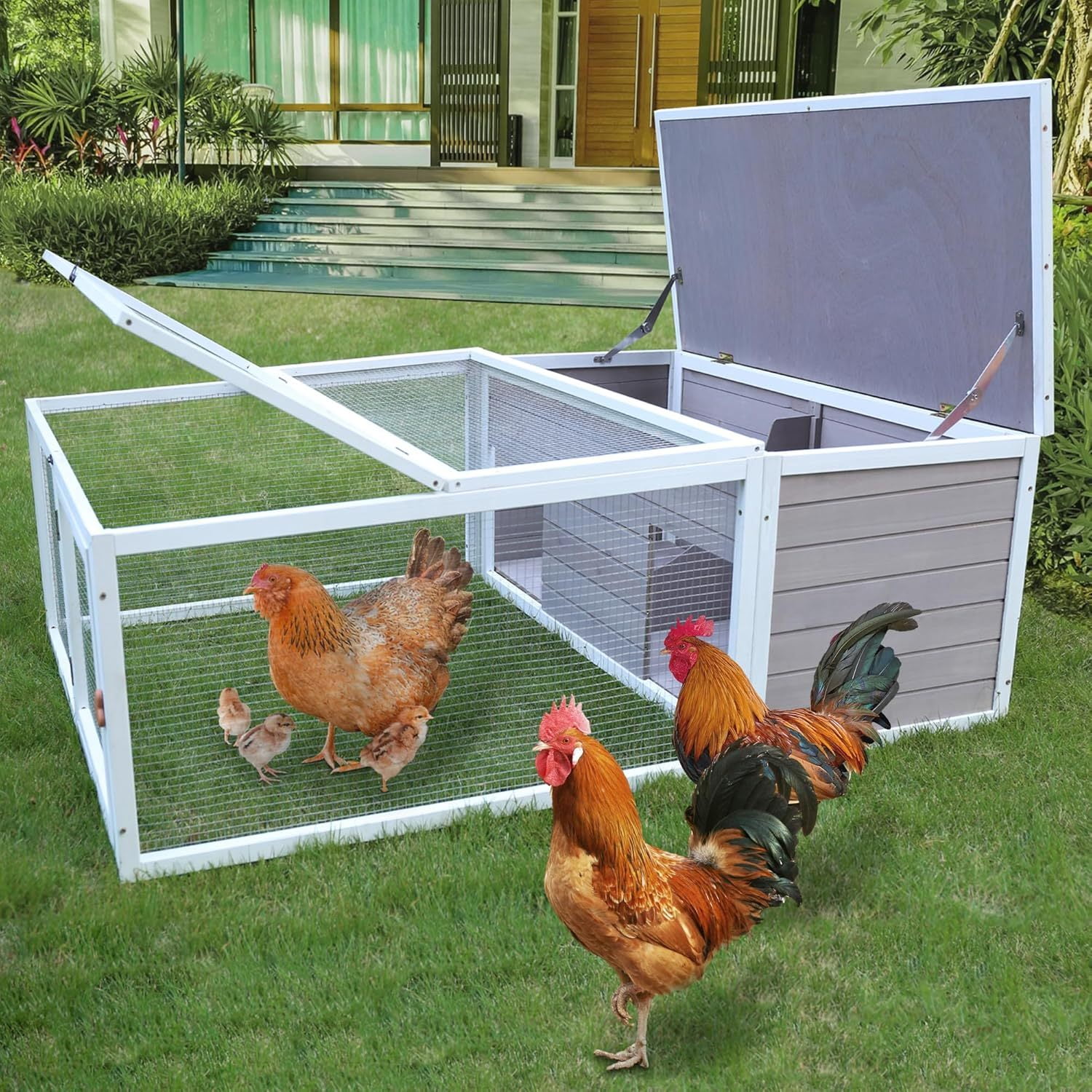 Chicken Coop with Run, 60” Rabbit Hutch Outdoor, Large Tortoise Habitat ...