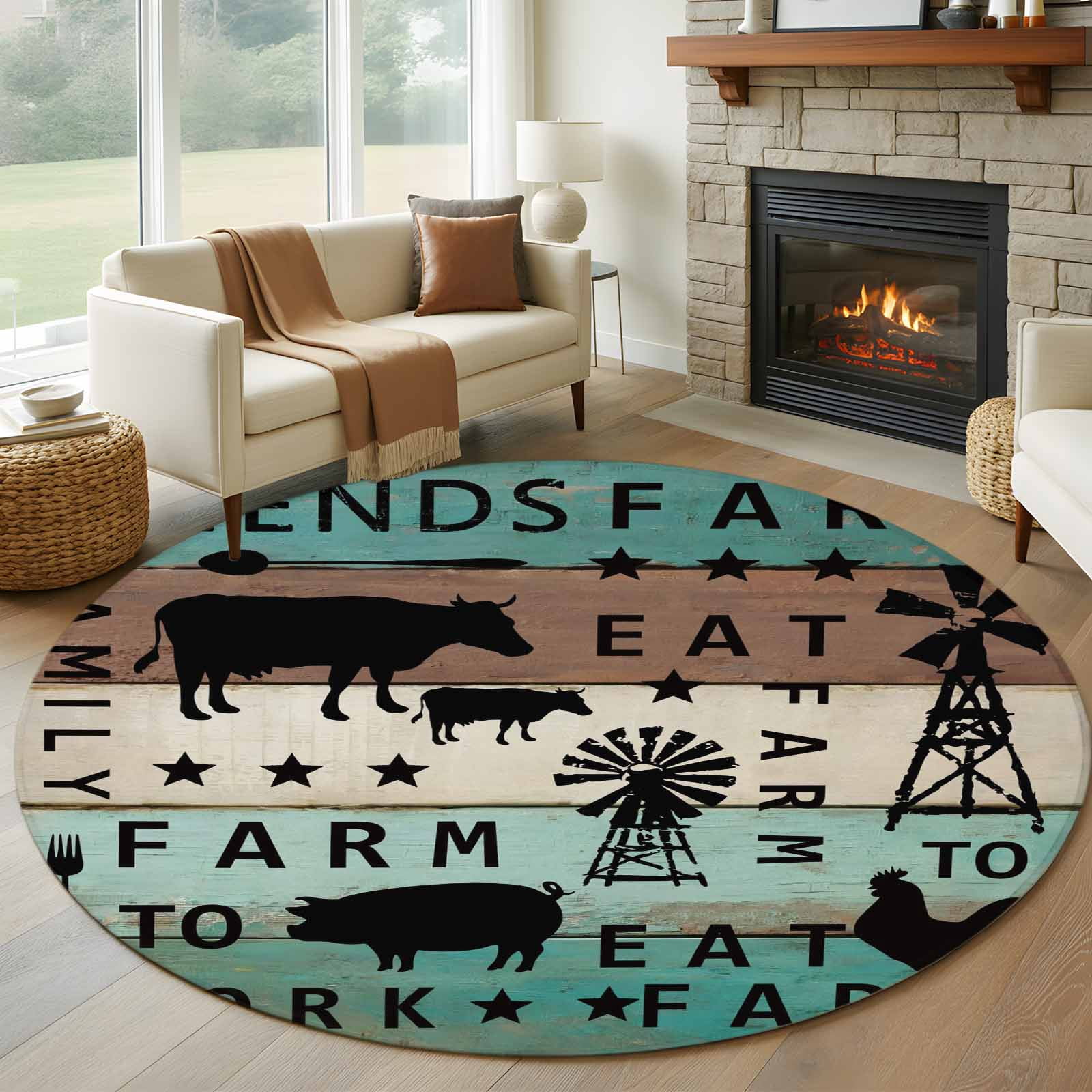 Chicken Cow Pig 8FT Round Area Rugs for Living Room Farmhouse Animal ...