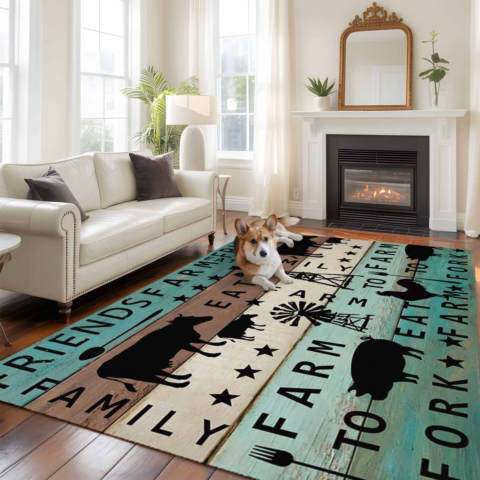 Chicken Cow Pig Washable Area Rug 5x7 Farmhouse Animal Windmills Teal ...