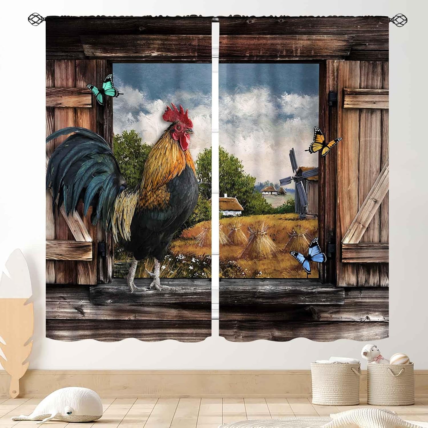 Chicken Curtains for Kitchen, Rustic Farm Animals Rooster Country ...
