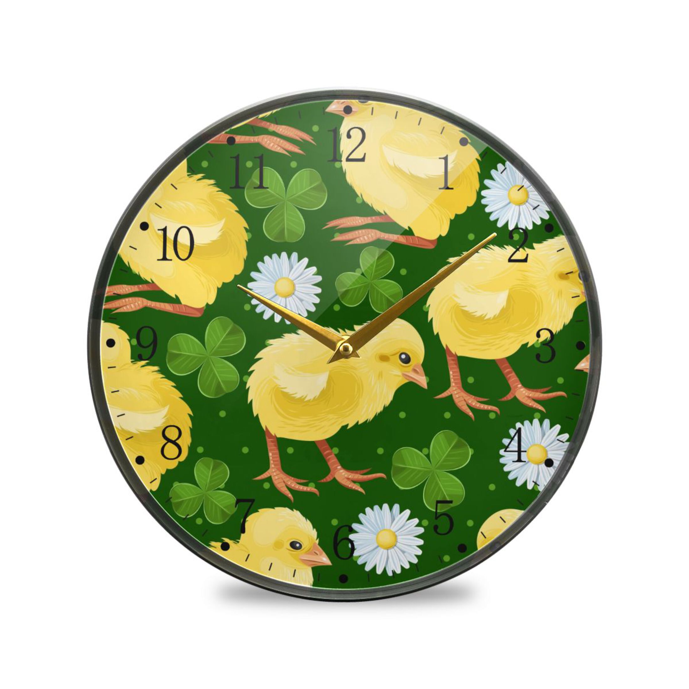 Chicken Daisy and Clover on Green Acrylic Wall Clocks Quiet Round Clock ...