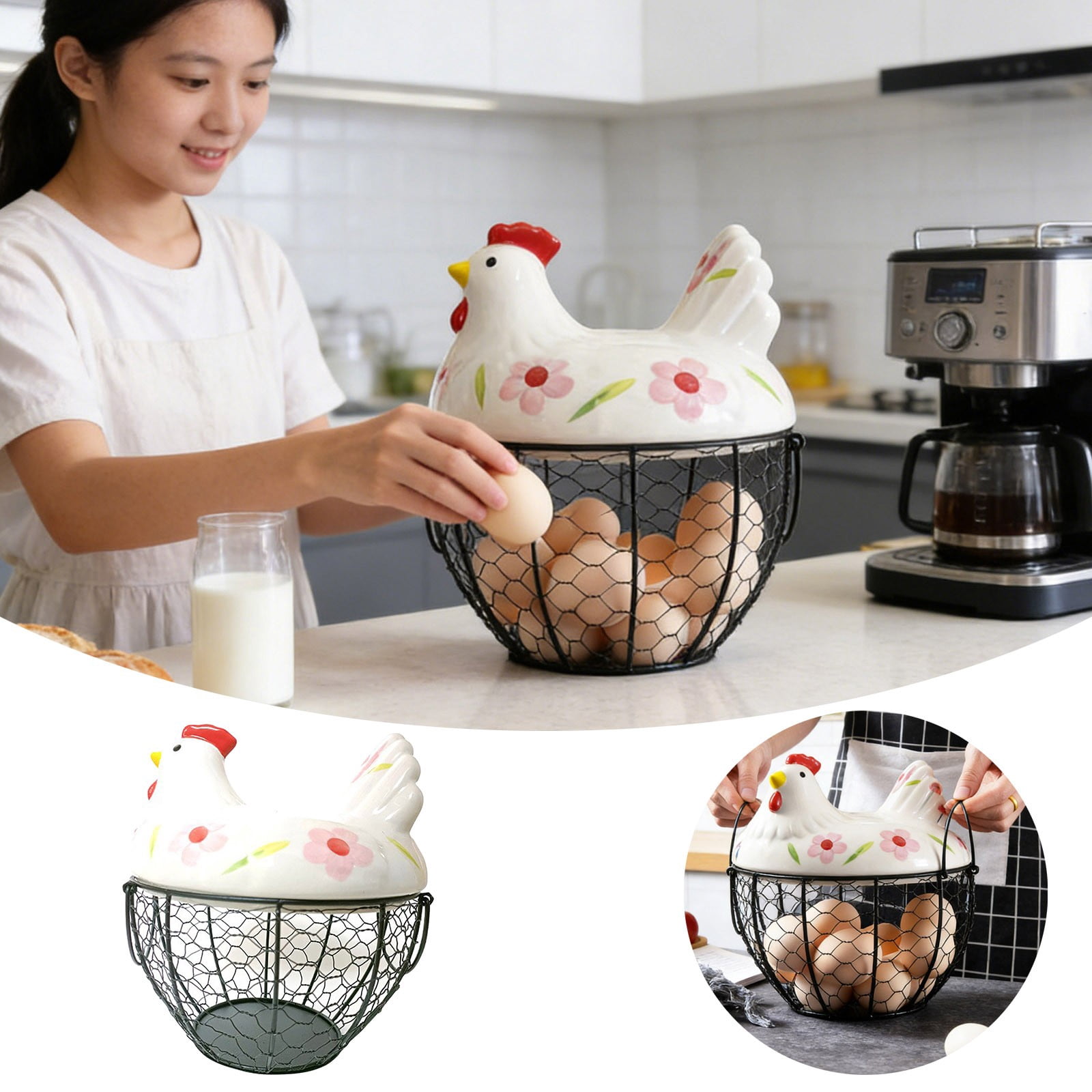 Chicken Egg Basket, Wire Egg Collection Baskes with Ceramic Lid for ...