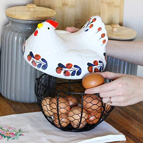 Chicken Egg Basket in Navy and Red Design Ceramic Chicken Shaped Lid ...