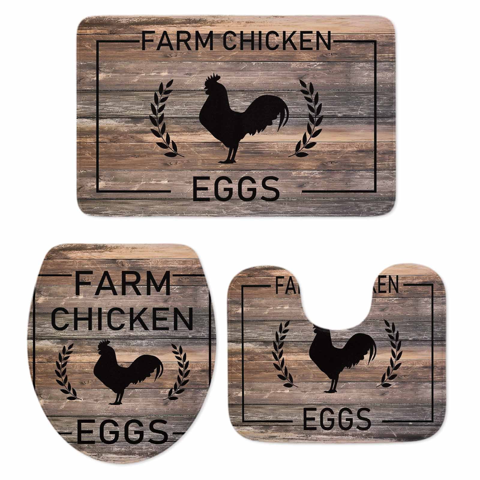 Chicken Eggs Bathroom Rugs Set Farmhouse Animal Brown Wood Grain Non ...