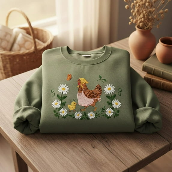 Chicken Embroidered Sweatshirt Cottagecore Floral Hen and Chick Shirt ...
