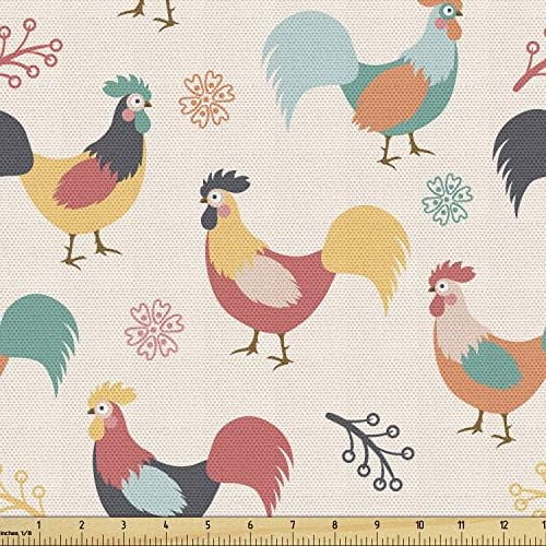 Chicken Fabric By The Yard, Farmland Animal Pattern With Cartoon Style ...