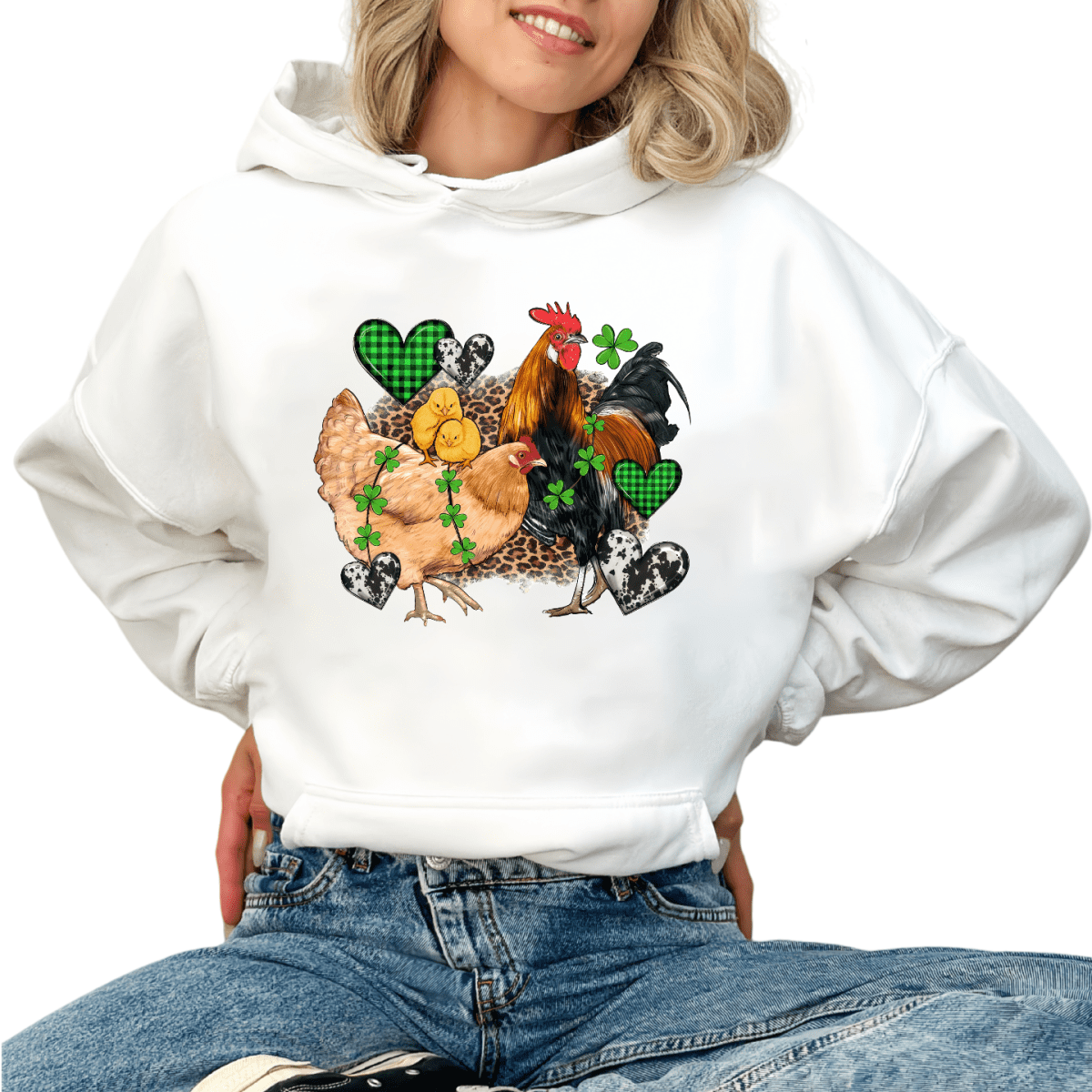 Chicken Family Green Plaid Heart Clover Print St Patrick’s White Hoodie ...