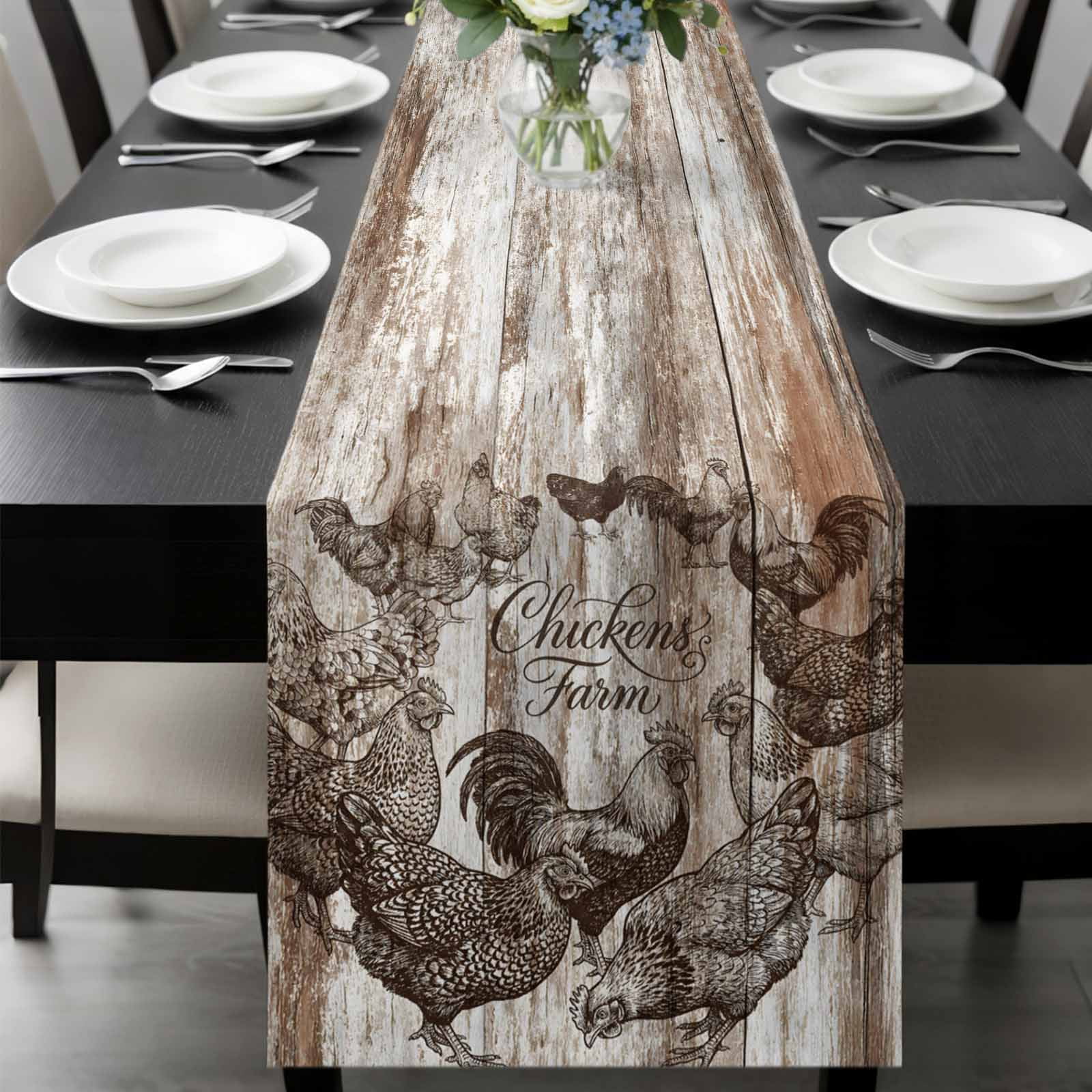 Chicken Farm Table Runner, Country Rustic Rooster Hen Retro Wood Grain ...