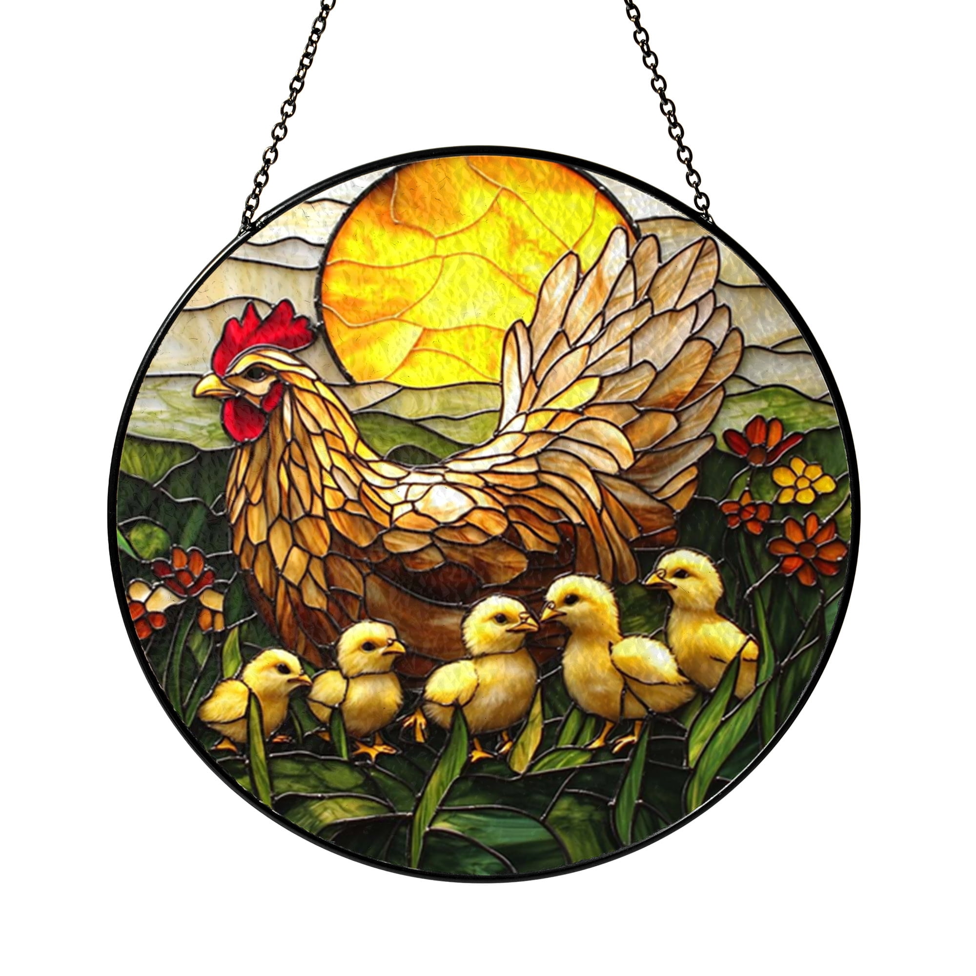 Chicken Farmyard Scene Stained Glass Style Window Suncatcher Hanging ...