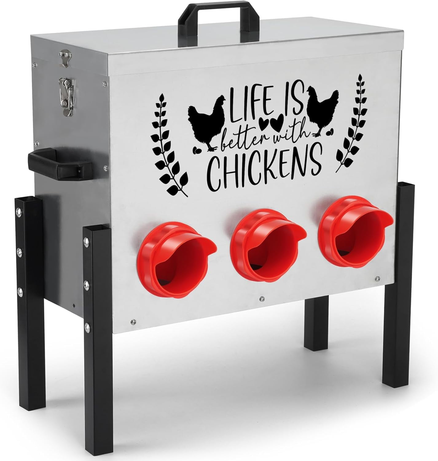 Chicken Feeder Box 30 lbs Galvanized Metal, 6 Feeding Ports, Comes with ...