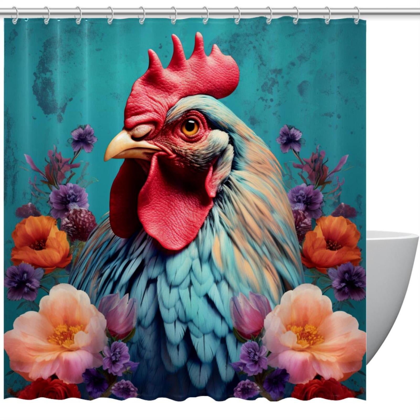 Chicken Flower Shower Curtain with Hooks, Waterproof Polyester Fabric ...
