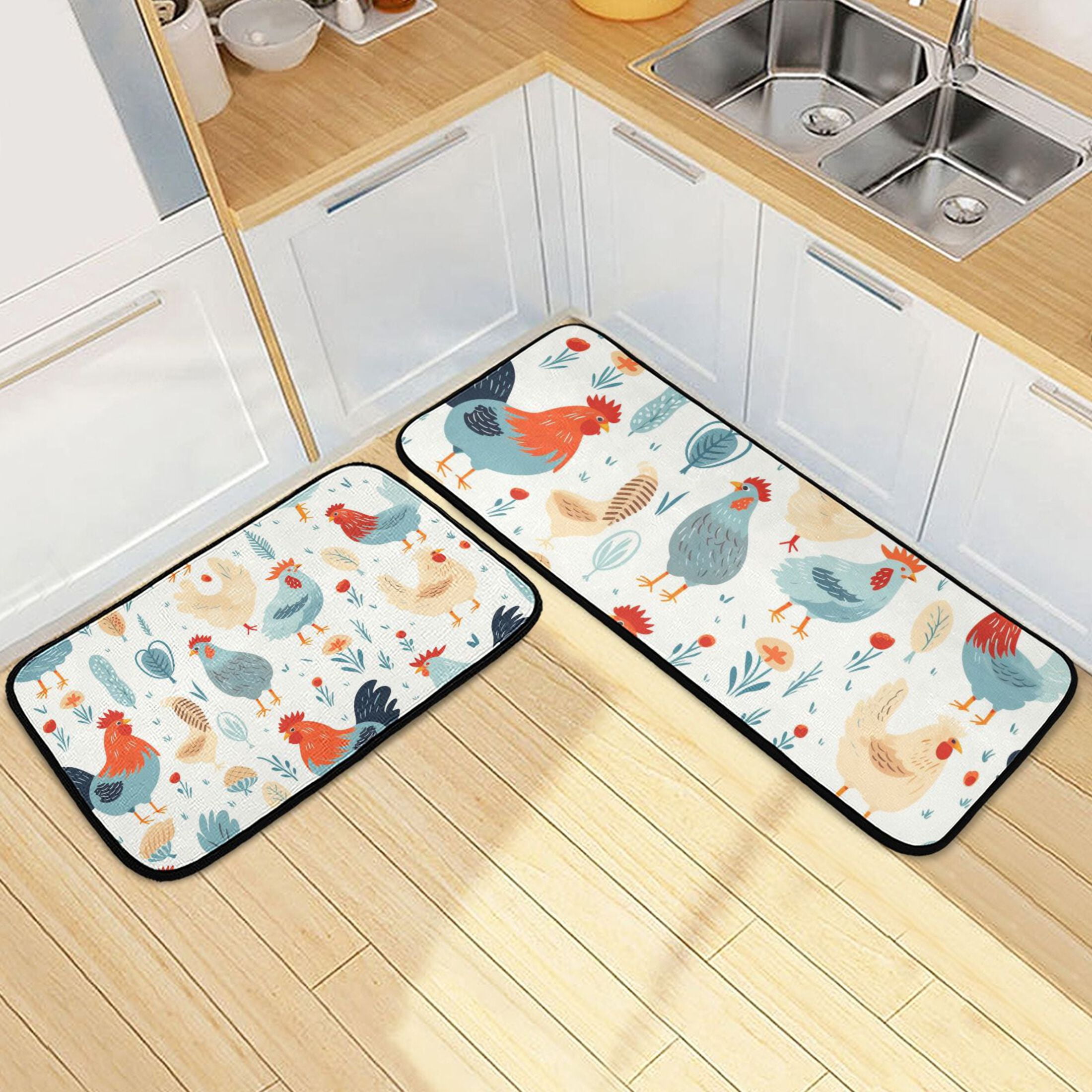 Chicken Flowers Kitchen Rugs Set of 2 Non Slip Floor Foam Mat Cushioned ...