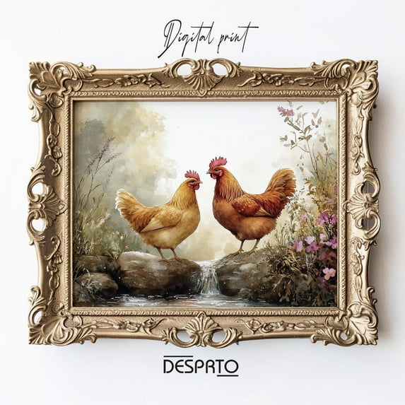 Chicken In Flowers Print, Egg Day Cottagecore Print, Chickens Rooster ...