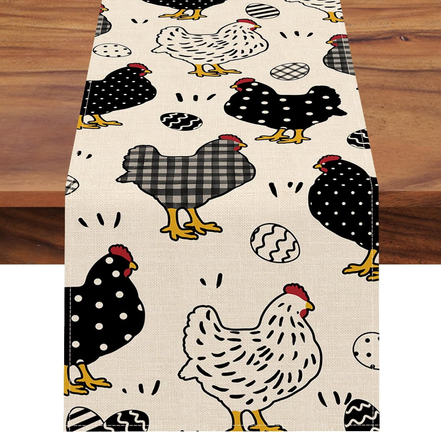 Chicken Hen Table Runner, Black White Eggs Plaid Polka Dots Farm ...
