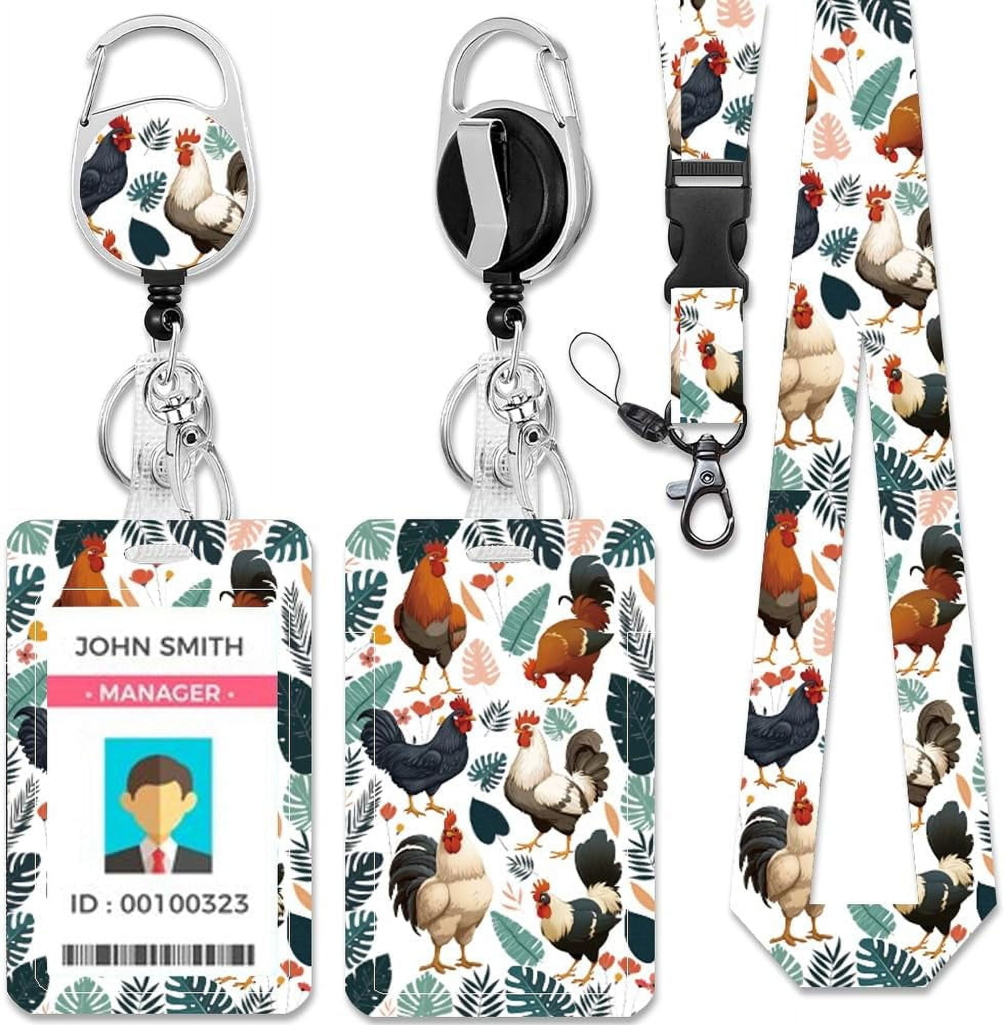 Chicken ID Badge Holder with Lanyard Flowers Leaves Retractable Plastic ...