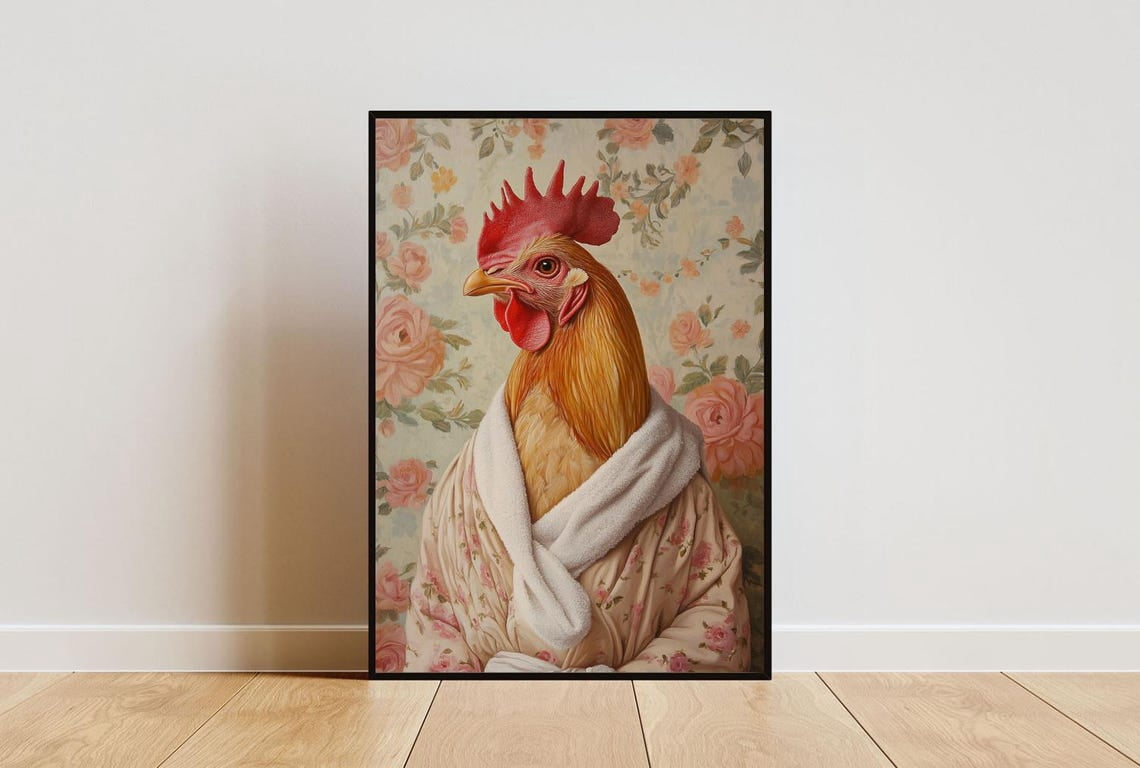 Chicken In Bathrobe Poster, Chicken Bathroom Print, Animal Wall Art ...