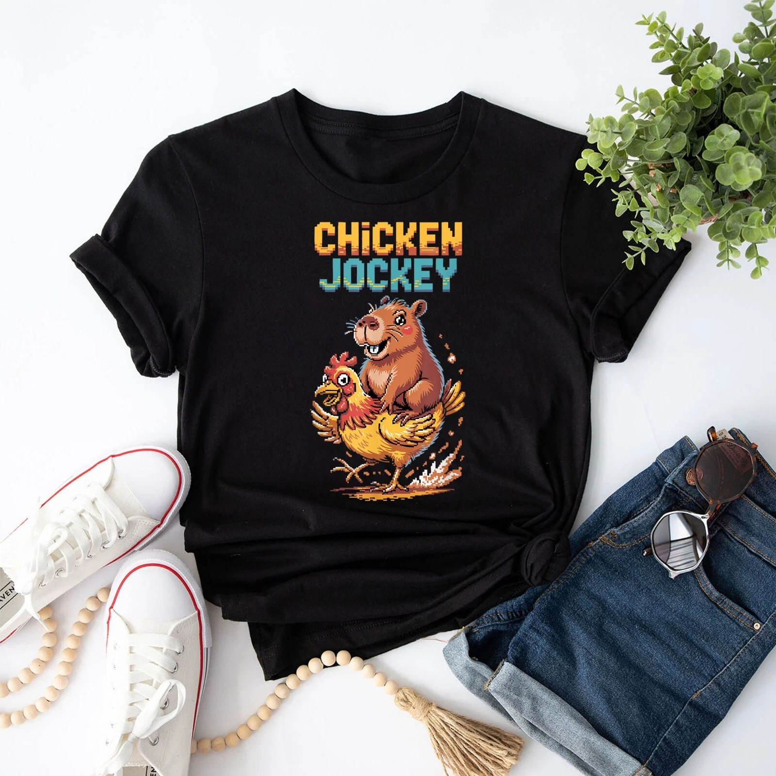 Chicken Jockey Capybara Lovers Pixel Art Gamer Funny T-Shirt - Walmart.com