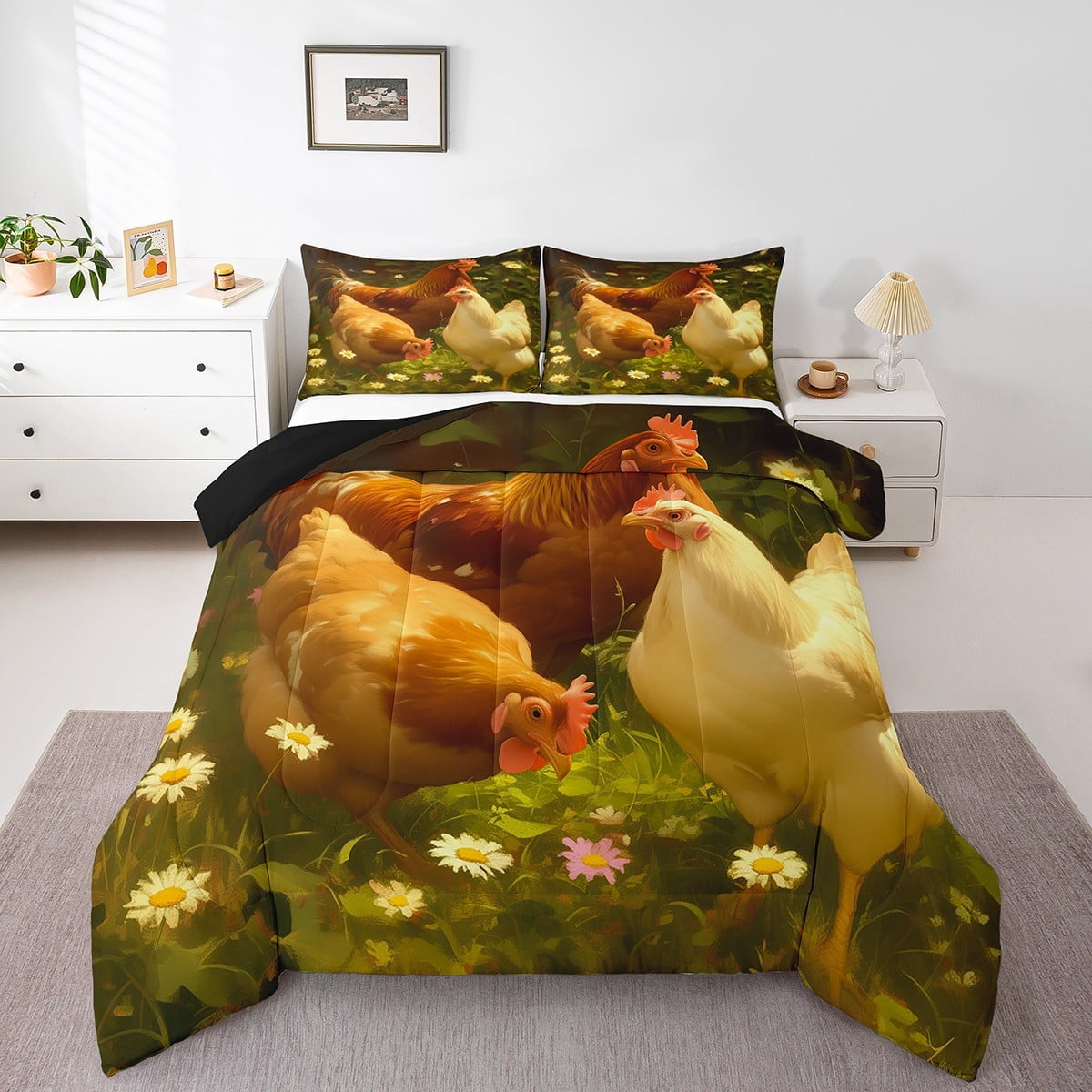 Chicken Kids Toddler Size Quilt Vintage Rooster Bedding Set Rural Scenery Style Comforter Set ...