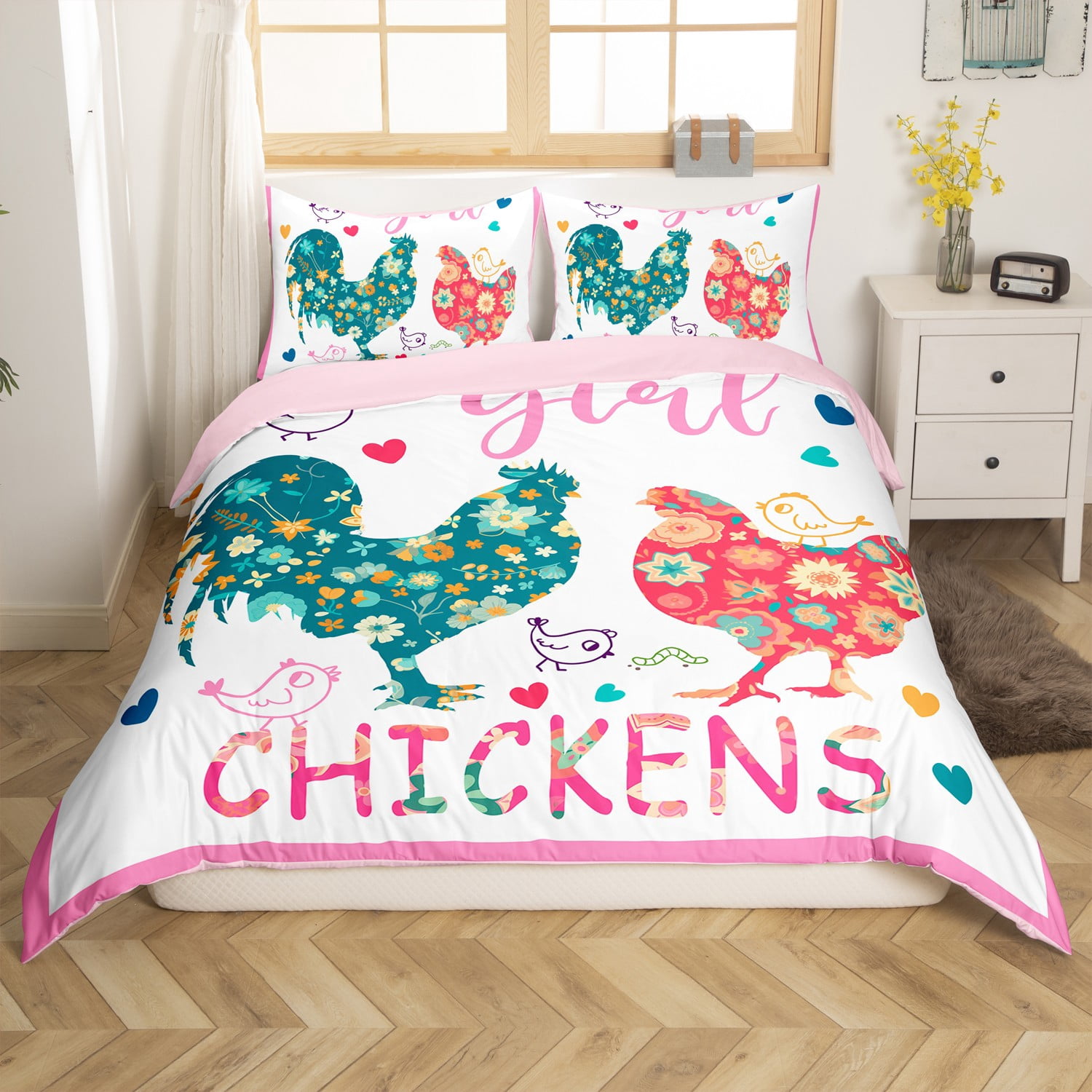 Chicken King Bedding Sets Cute Cartoon Animal Duvet Cover Rustic Farm ...