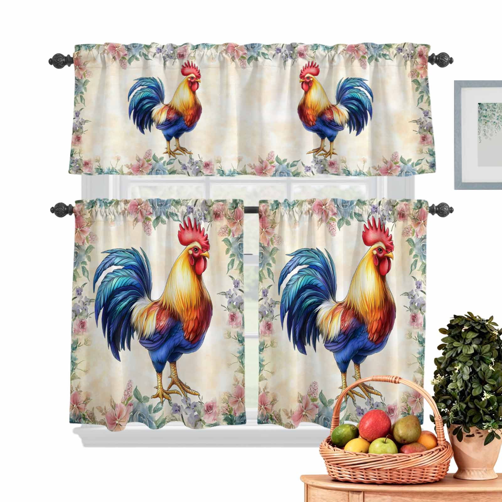 Chicken Kitchen Curtains Valances 3 Piece Set, Watercolor Flower Rod ...