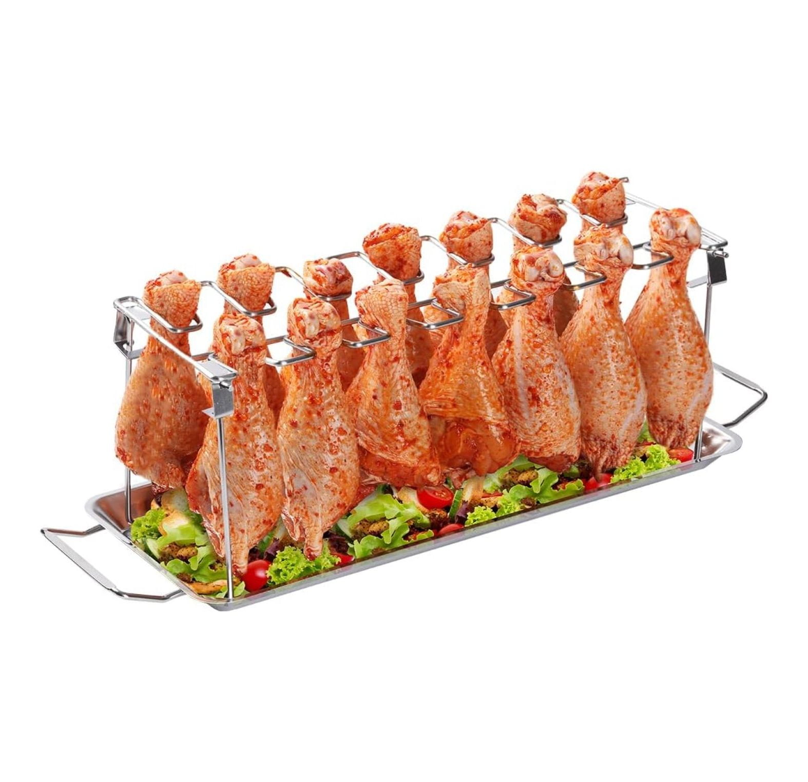 Chicken Leg Rack for Grill with Drip Tray - Easy to Use 14 Slots ...