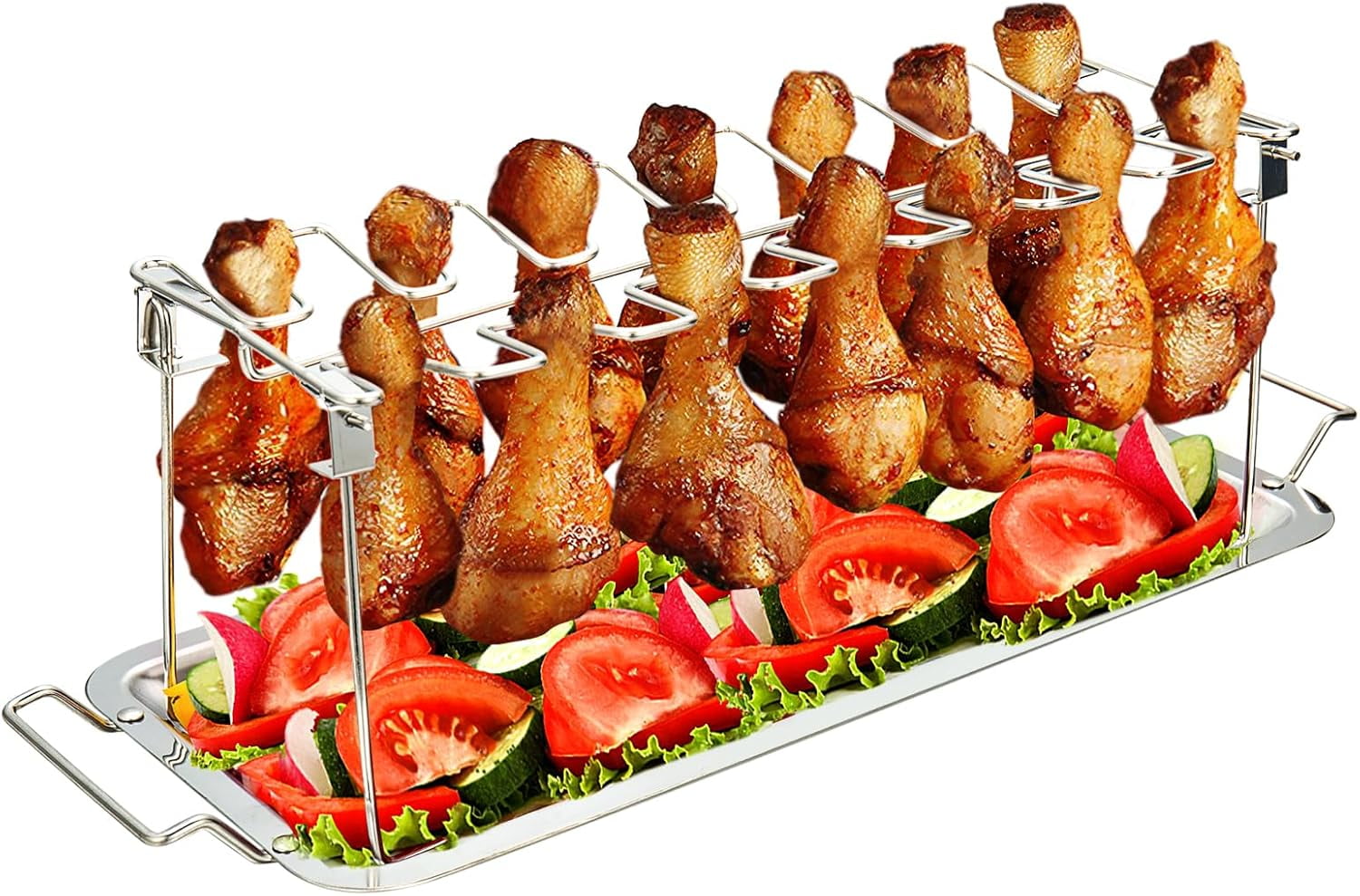 Chicken Leg Wing Rack for Grill with Drip Tray, 14 Slots Stainless ...