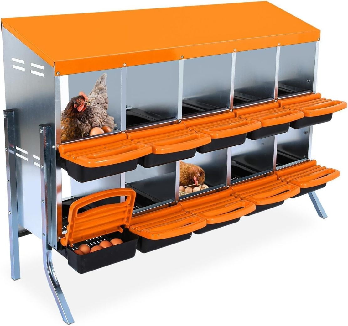 Chicken Nesting Box, 10 Hole 2 Layer Hen Nest Boxes with Legs, Roll-Away Egg Collection System ...