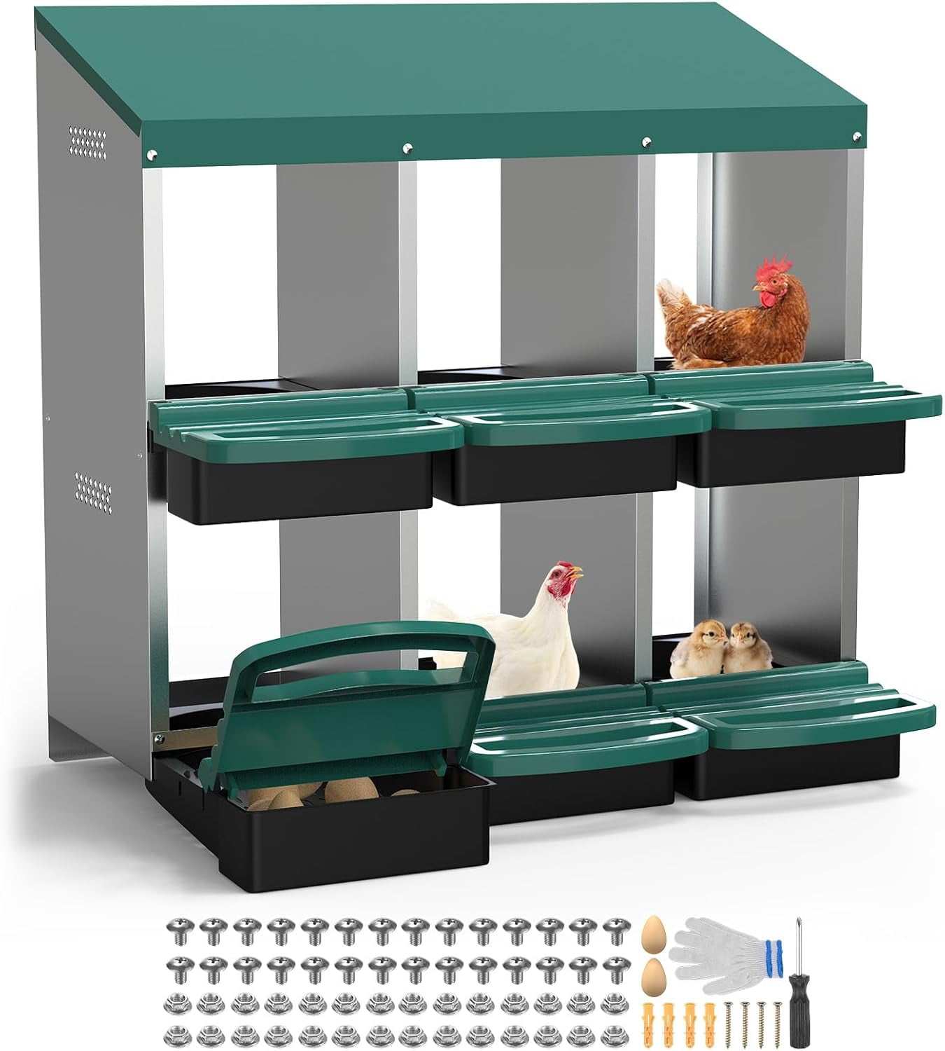 Chicken Nesting Box, 6 Compartments Metal Chicken Laying Boxes with ...