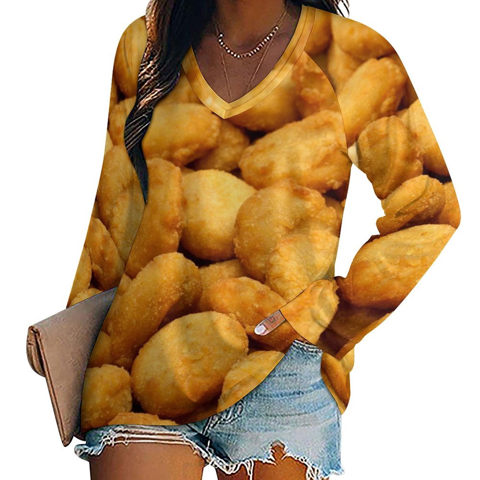 Chicken Nugget Food Theme Women's Long Sleeve Shirts Casual V Neck Tops ...