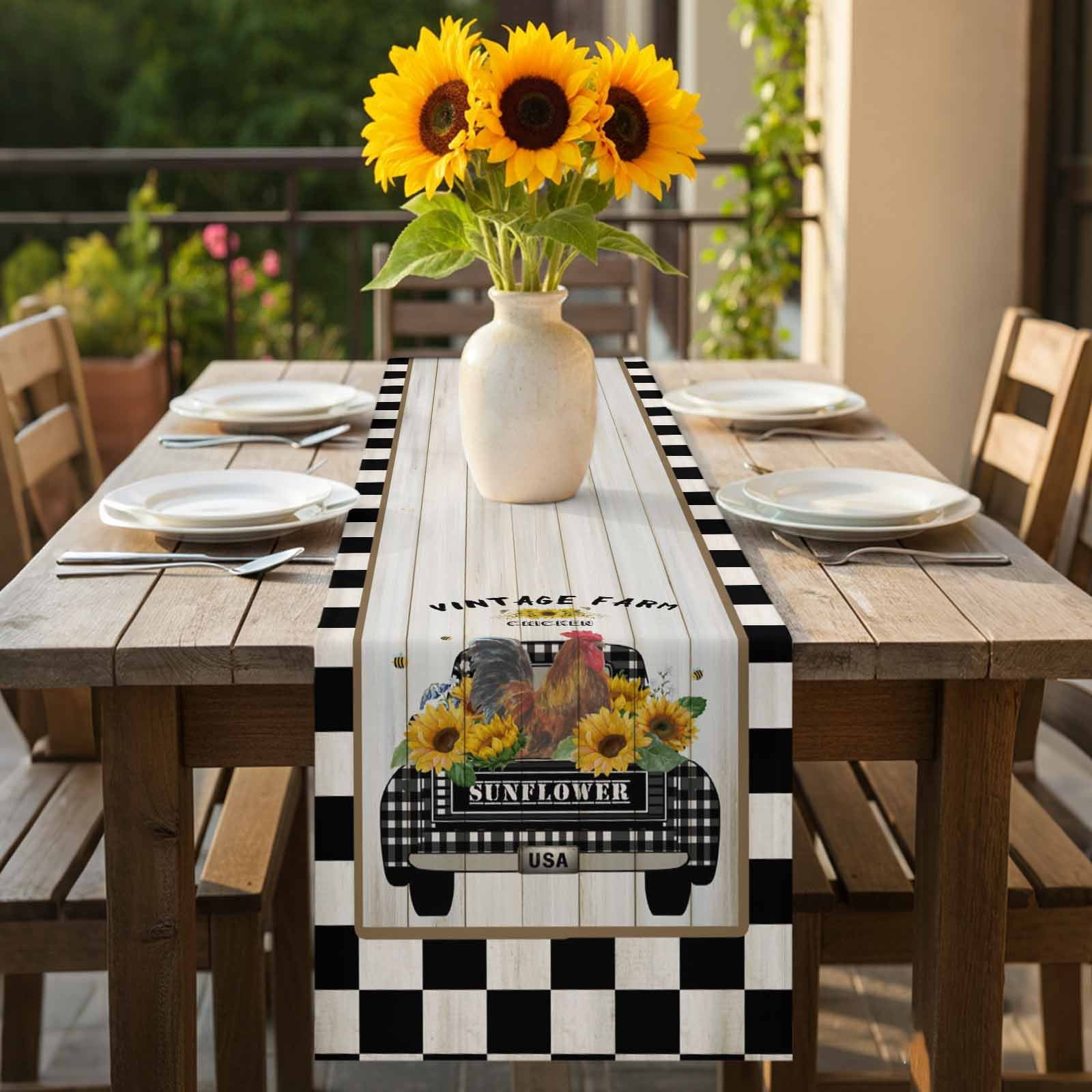 Chicken Old-fashioned Trucks on Vintage Table Runner-70 Inch Long Farm ...