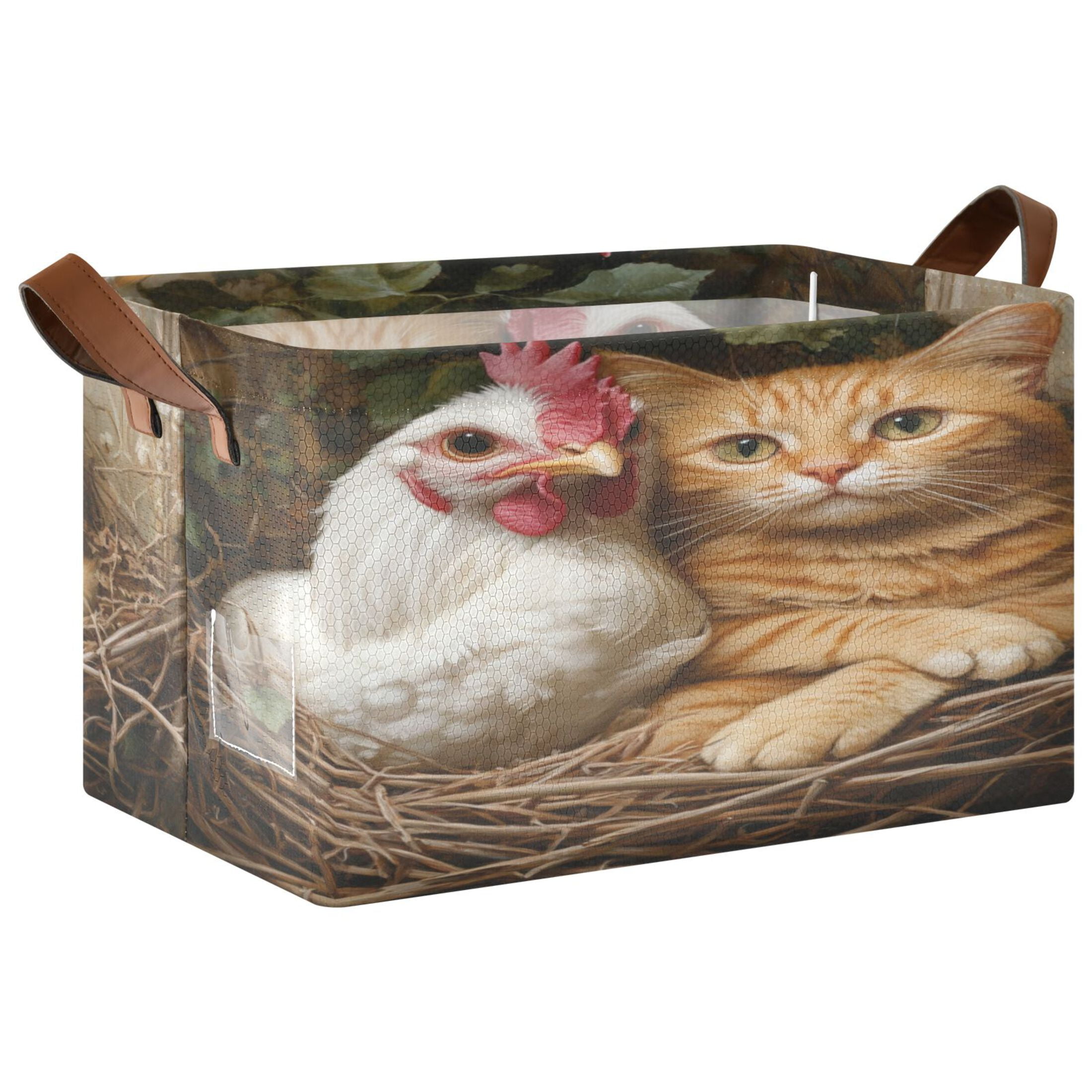 Chicken and Orange Cat Nesting Together Storage Basket Soccer Plaid ...