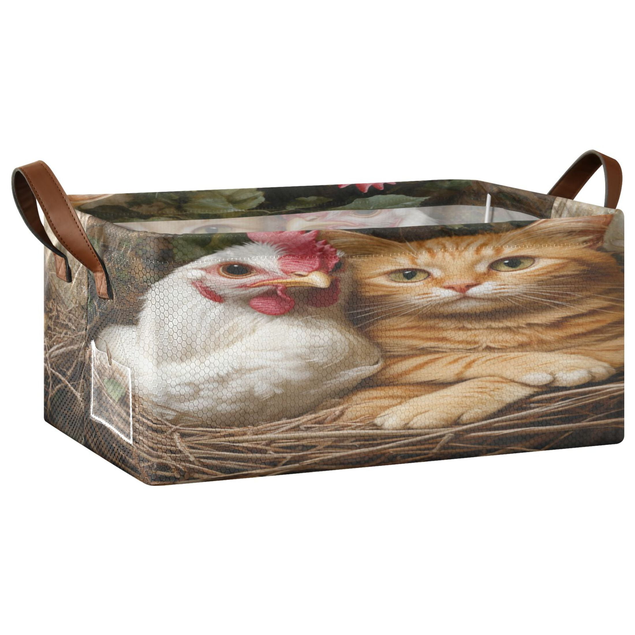 Chicken and Orange Cat Nesting Together Storage Basket Soccer Plaid ...