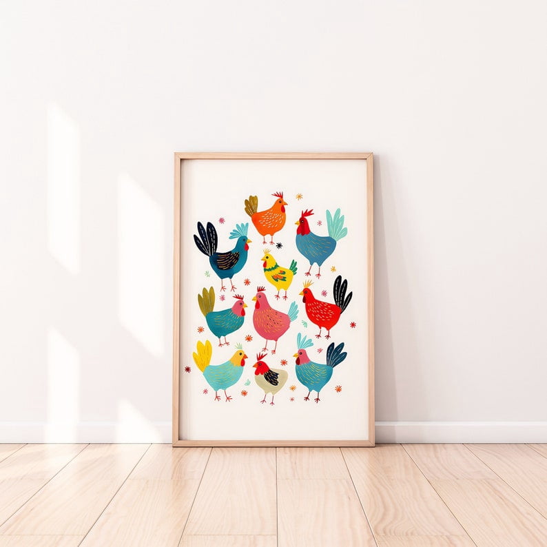 Chicken Painting Print, Colorful Decorative Illustration, Children's ...