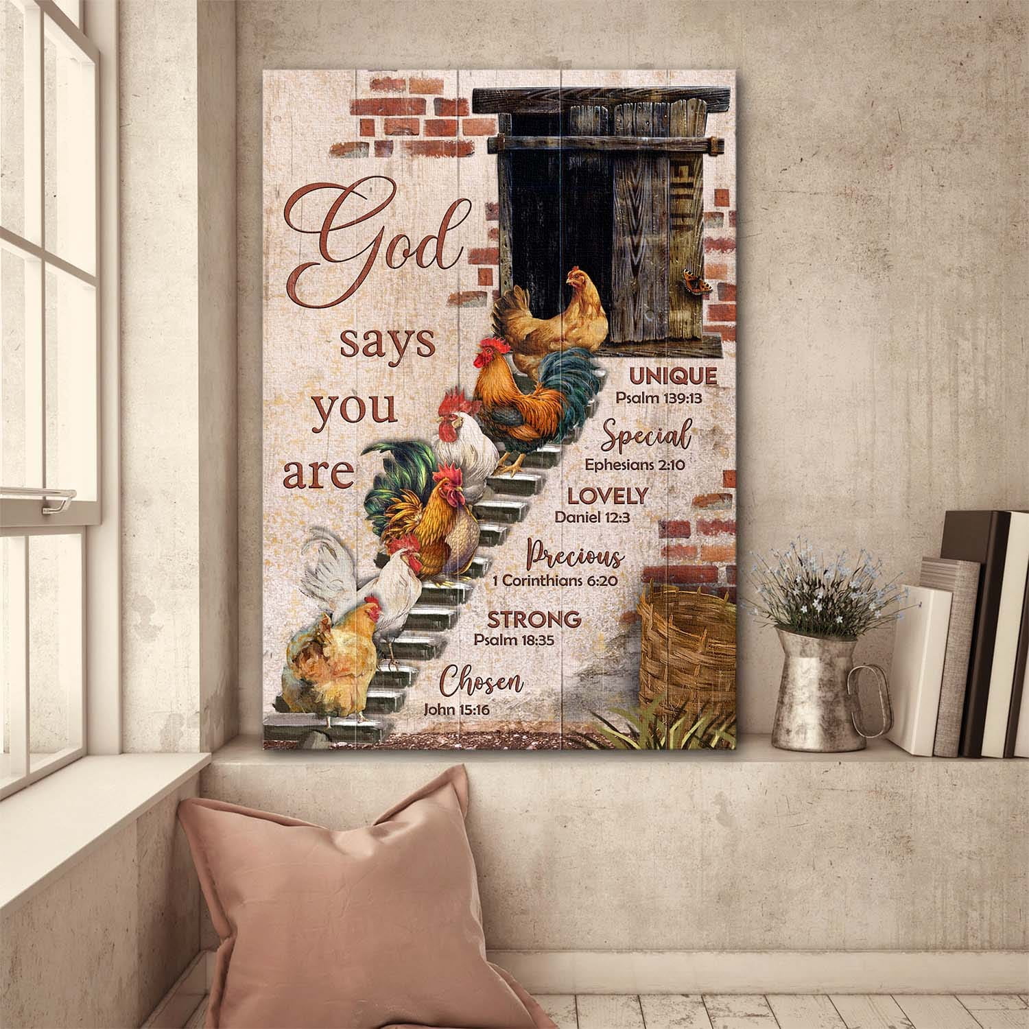 Chicken Painting, Wooden Stairs, God Says You Are Strong - Jesus ...