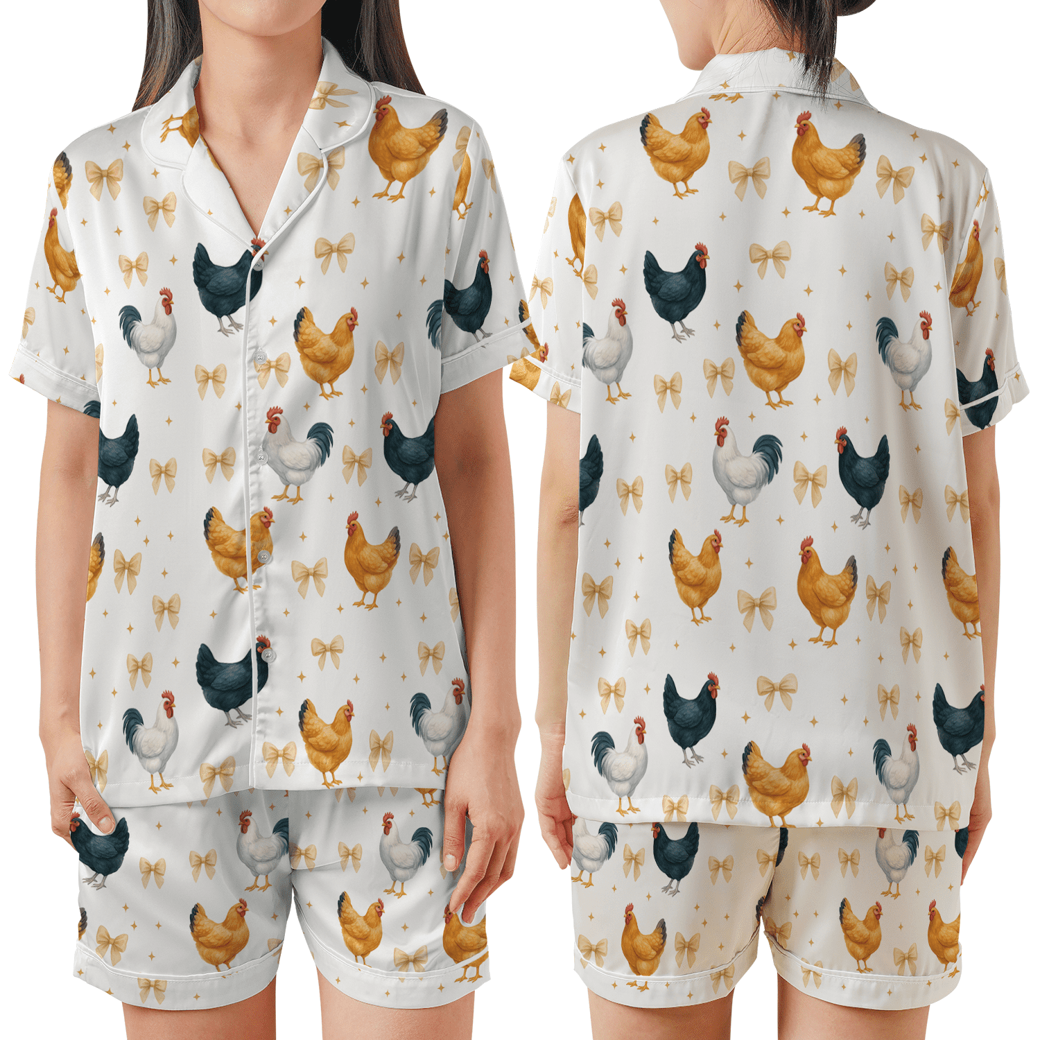 Chicken Pattern Satin Pajama Set – Cute Rooster & Hen Print Sleepwear ...