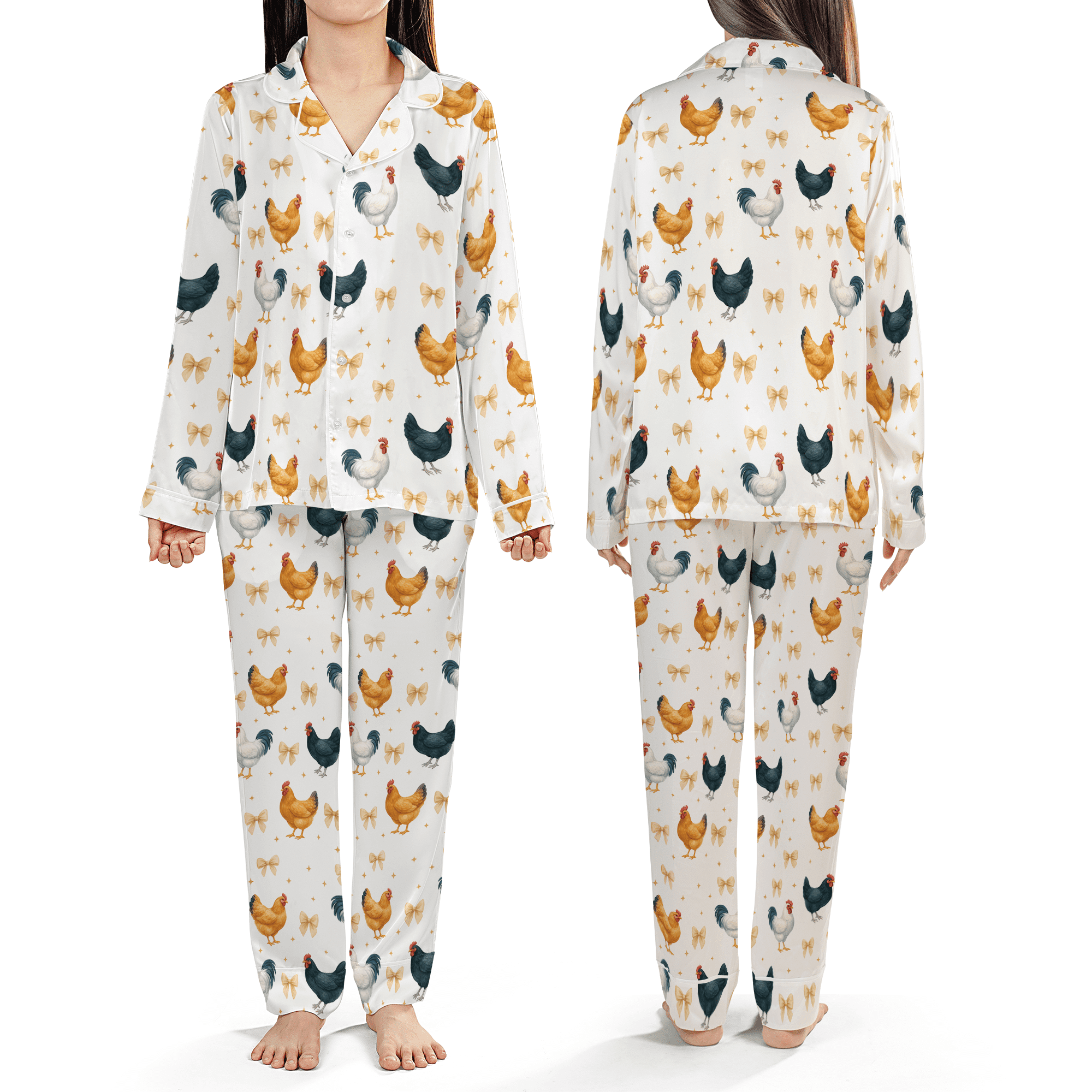 Chicken Pattern Satin Pajama Set – Cute Rooster & Hen Print Sleepwear ...