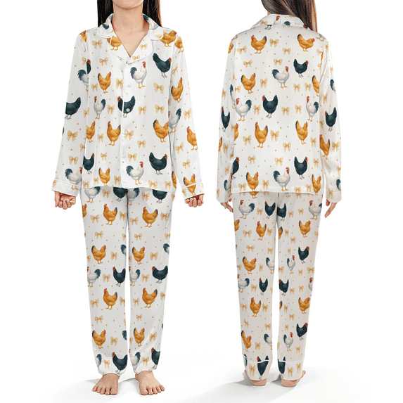 Chicken Pattern Satin Pajama Set – Cute Rooster & Hen Print Sleepwear ...