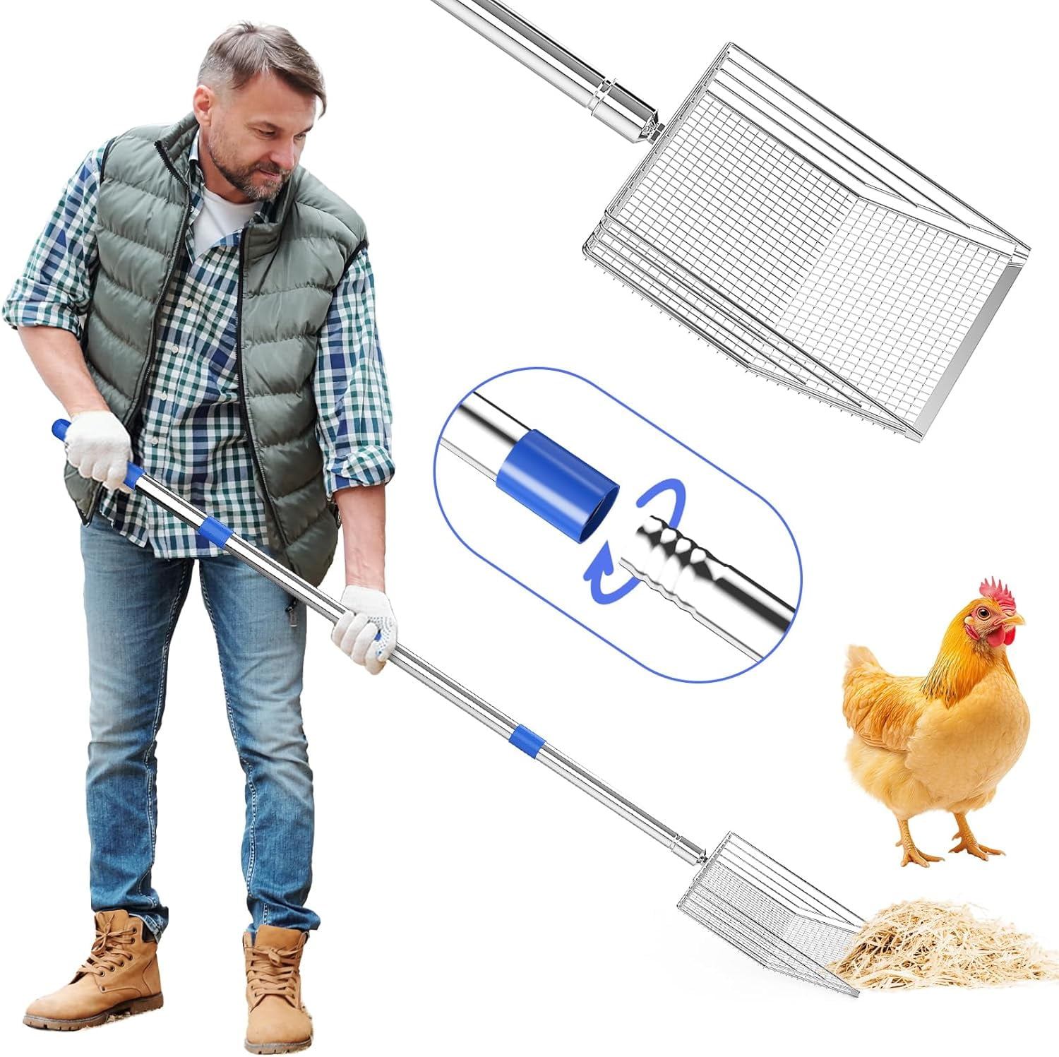 Chicken Poop Scooper, 304 Stainless Steel Shovel Head, 4-in-1 Chicken ...