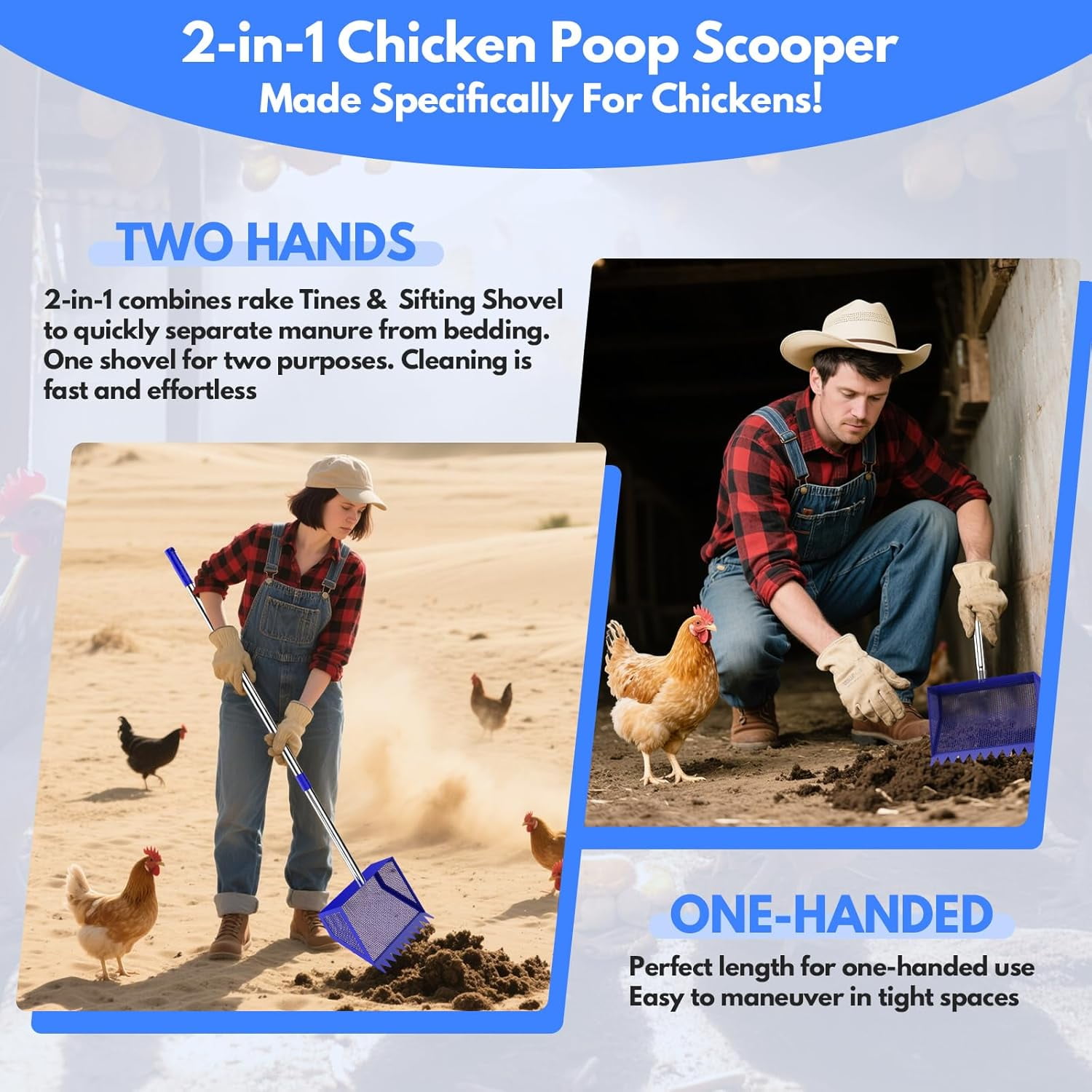 Chicken Poop Scooper & Rake 2-in-1, 304 Stainless Steel Shovel Head ...