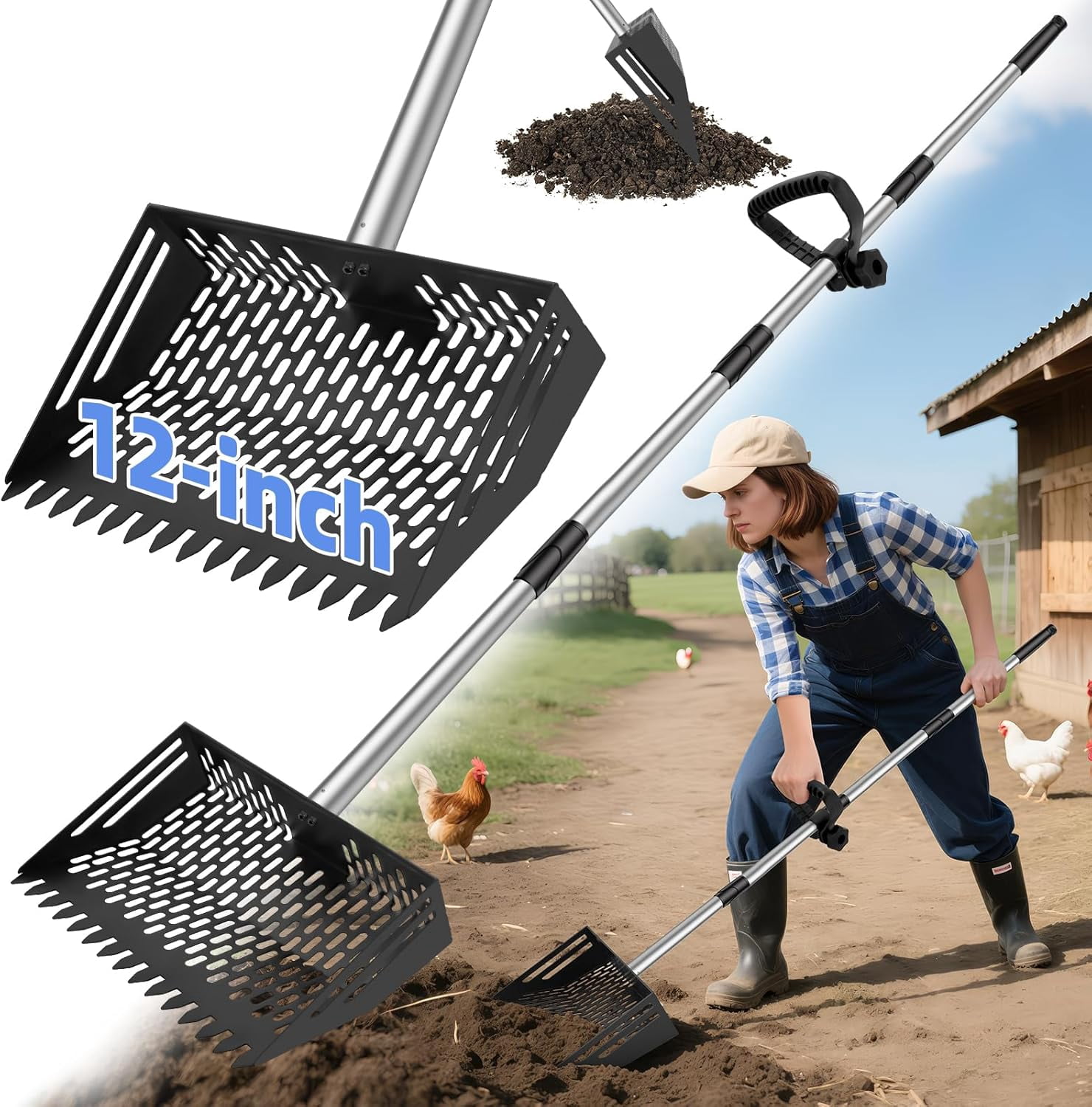 Chicken Poop Scooper & Rake 2-in-1, 4 in 1 Stainless Steel Handle 12 in ...