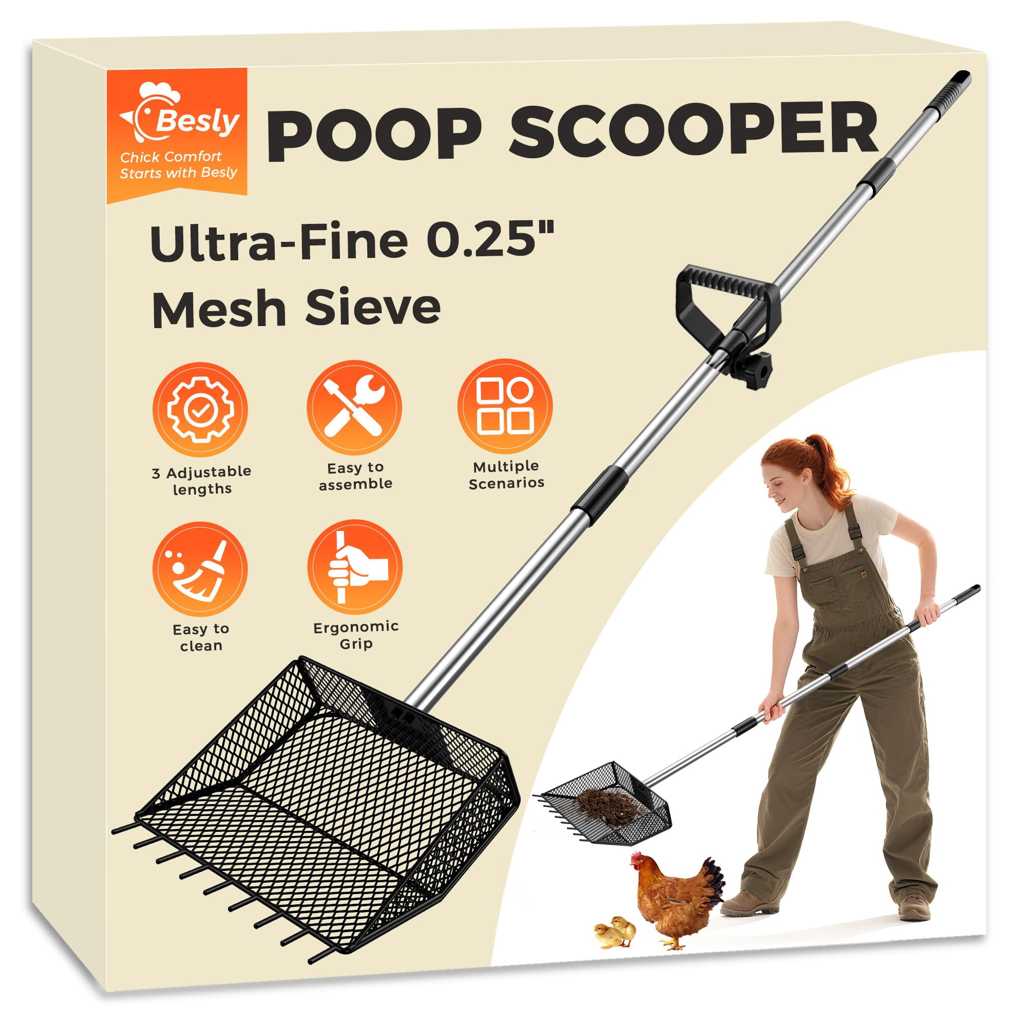 Chicken Poop Scooper & Rake 2-in-1, Sifting Shovel for Chicken Coop, 0. ...