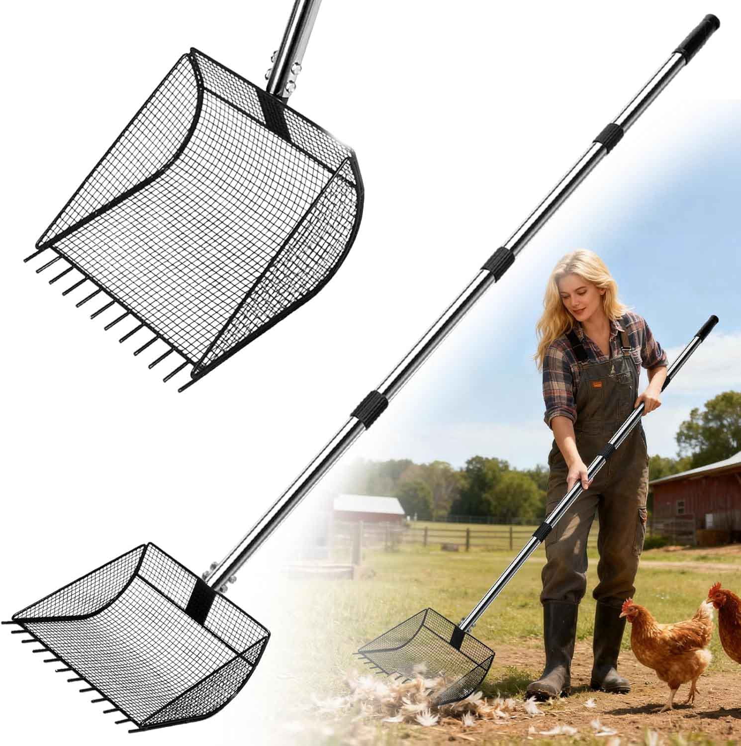 Chicken Poop Scooper for Sand, 2-in-1 Rake & Pooper Scooper with Large ...