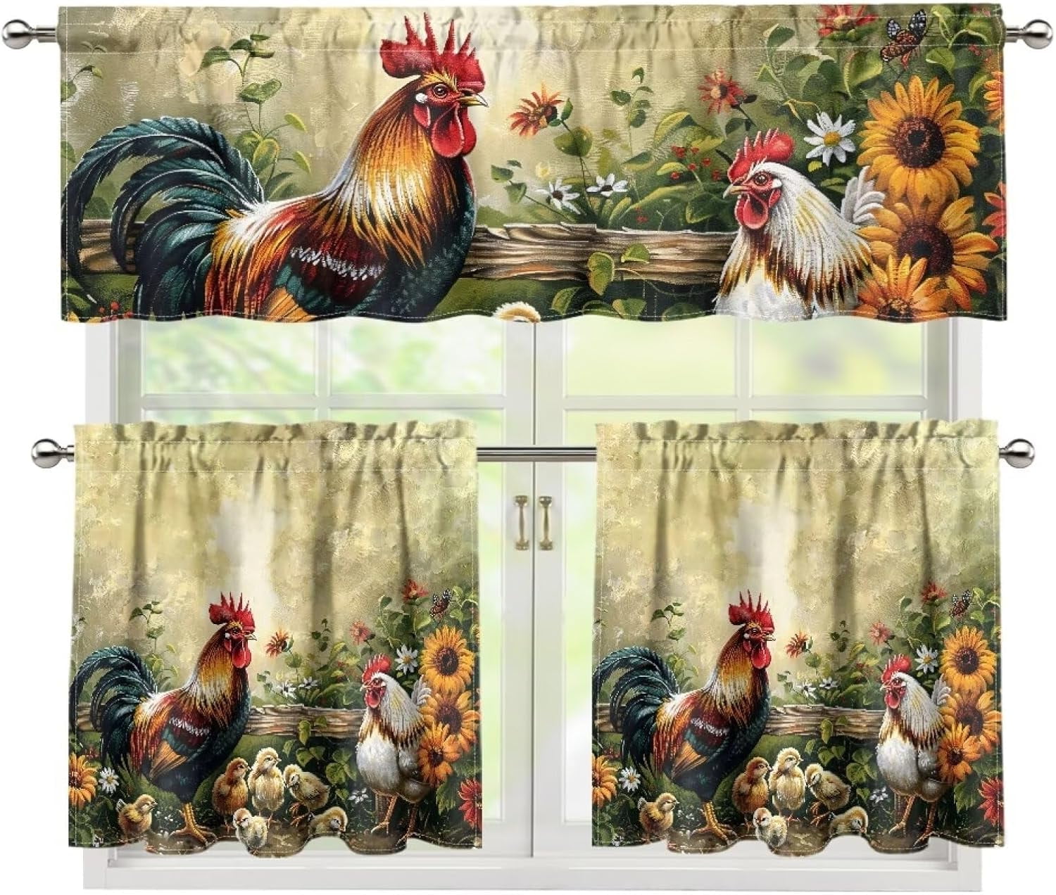 Chicken Print 3 Piece Kitchen Blackout Curtains Elegant Curtains Tier ...