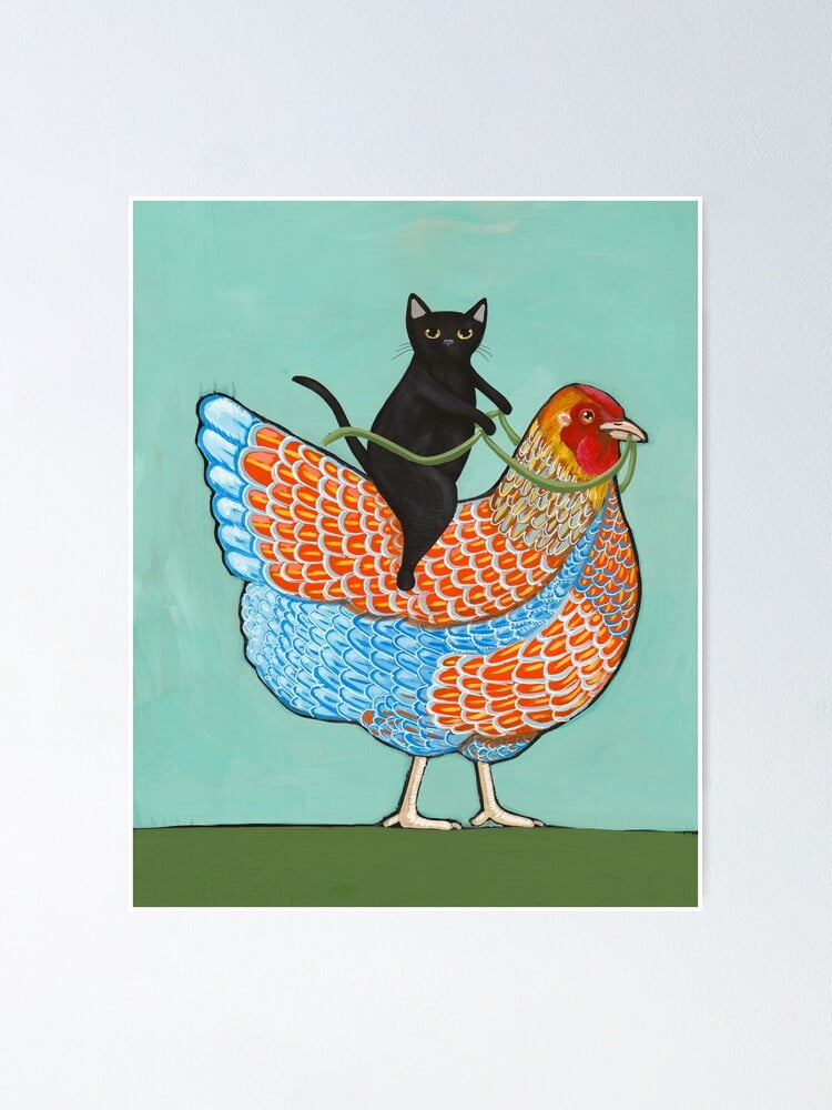 Chicken Ride Wyandotte and Black Cat Canvas Poster Decor Landscape ...