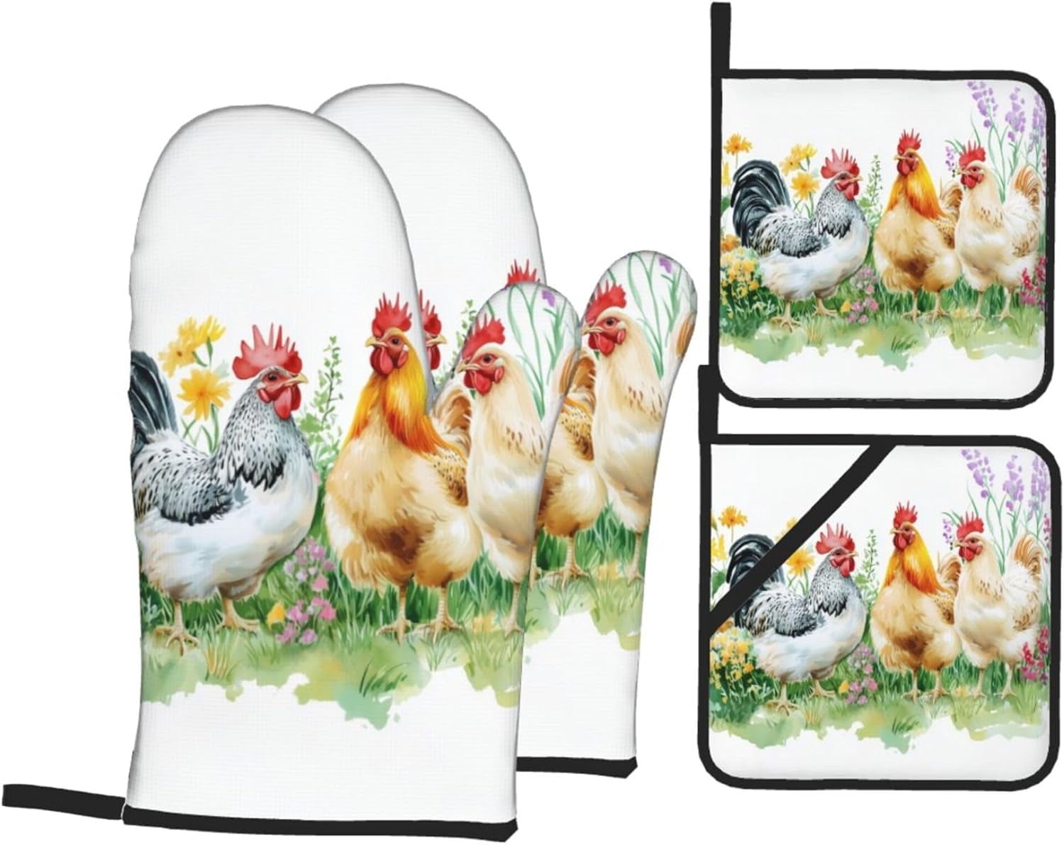 Chicken Rooster Farm Oven Mitts and Pot Holders Set of 4 Hen Flower ...