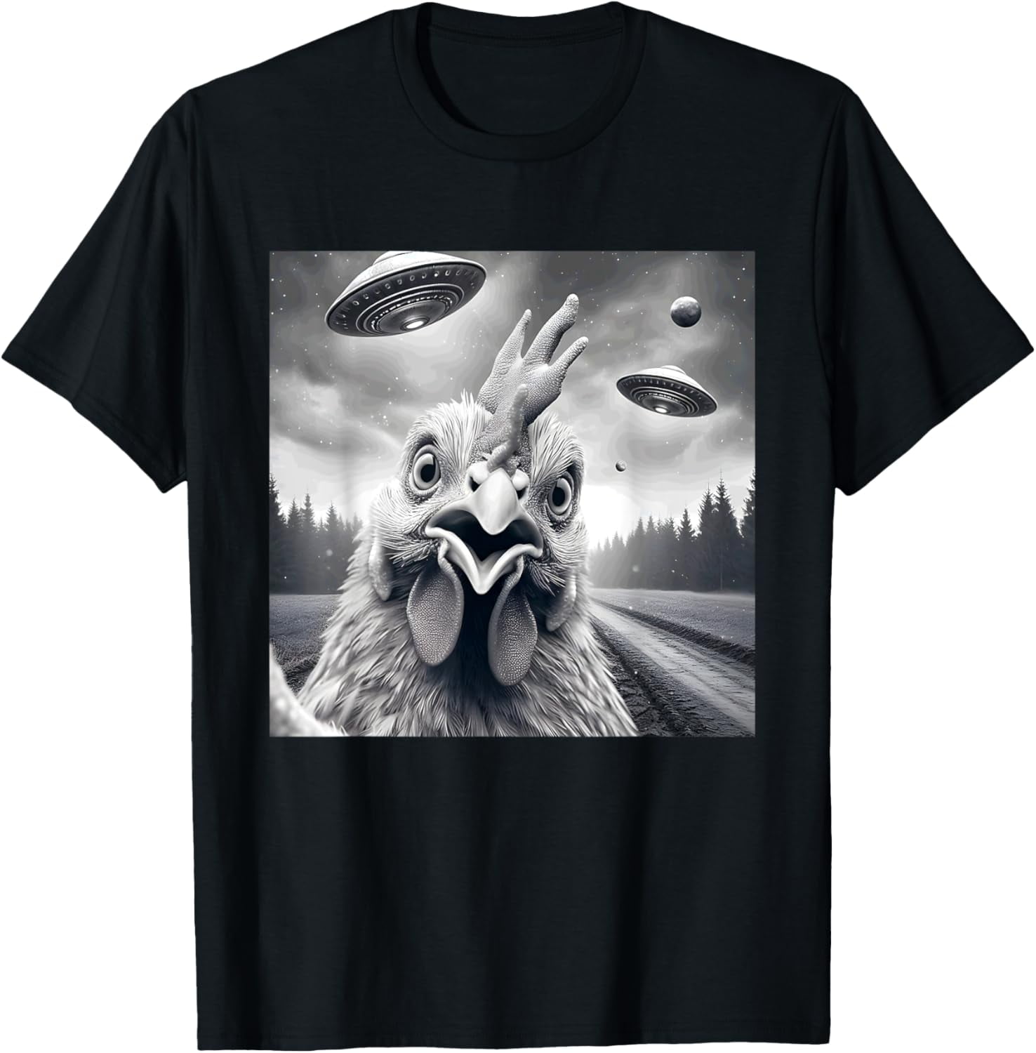 Chicken Rooster Funny Graphic Selfie with UFOs Weird Aliens T-Shirt ...